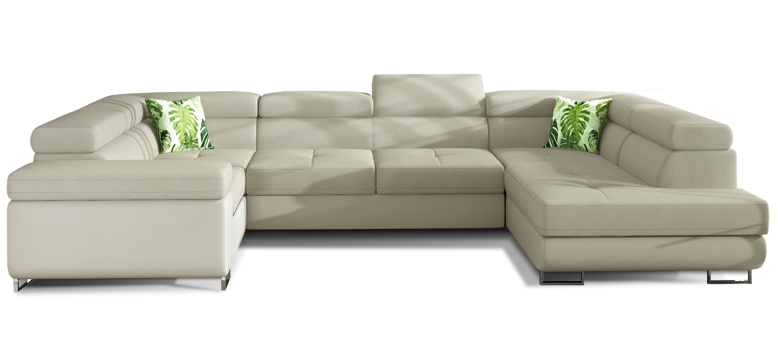 Canapé convertible U droit tissu et simili beige clair avec coffre de ...