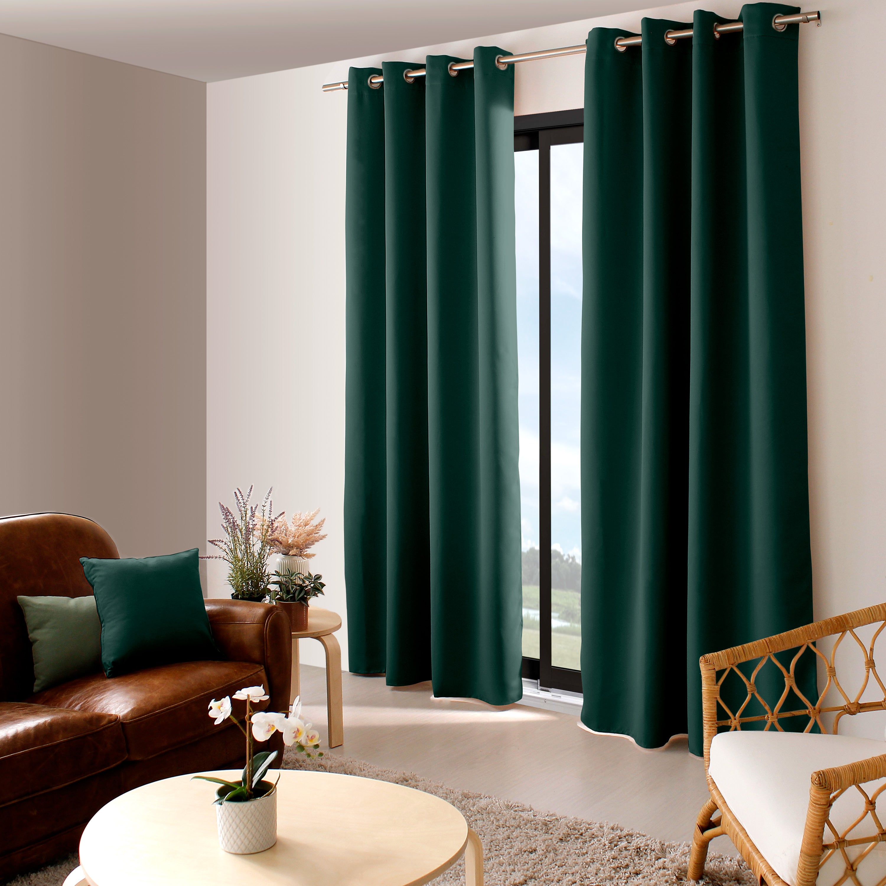 Juego de 2 cortinas opacas con rellenos, verde oscuro, 140x240cm, 100% ...