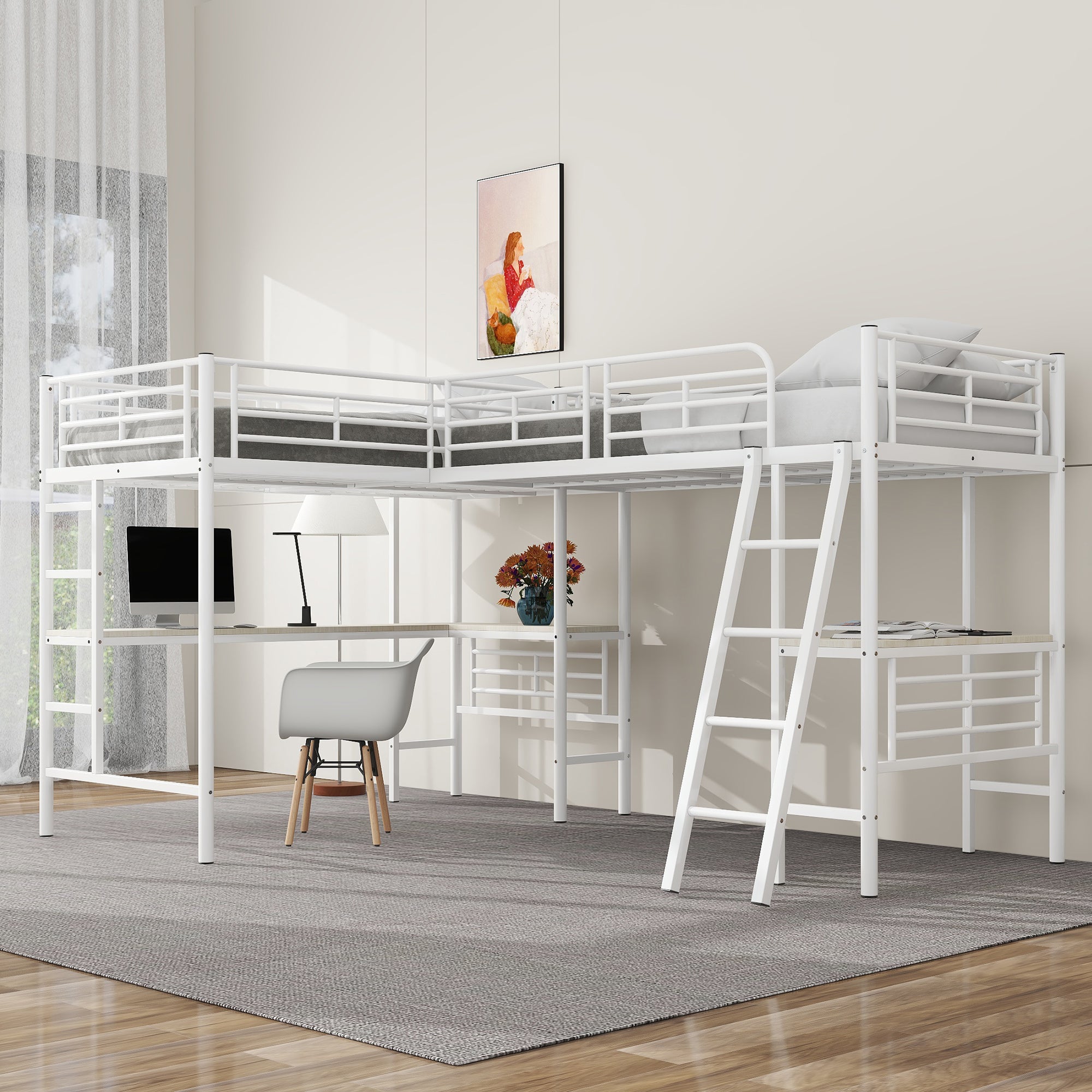 Lit mezzanine 2 places - 2 x 90 x 200 cm - avec bureau d'angle et ...