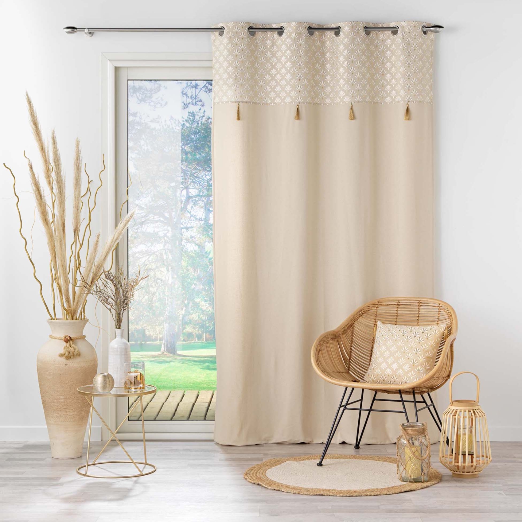 Rideau avec top imprimé et métallisé - Naturel - 140x240 cm - Coton ...