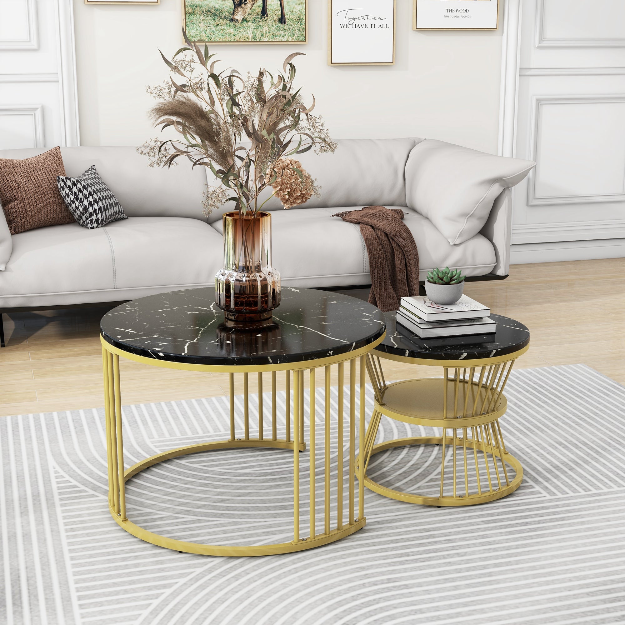 Lot de 2 tables basses gigognes rondes 70 x 70 x 47cm - cadre en métal ...