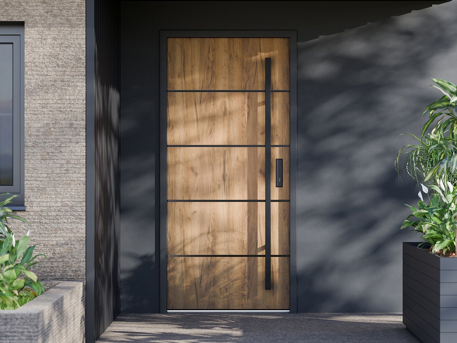 Porte d'entrée en acier pleine et inox H207 x L100 cm effet chêne ...