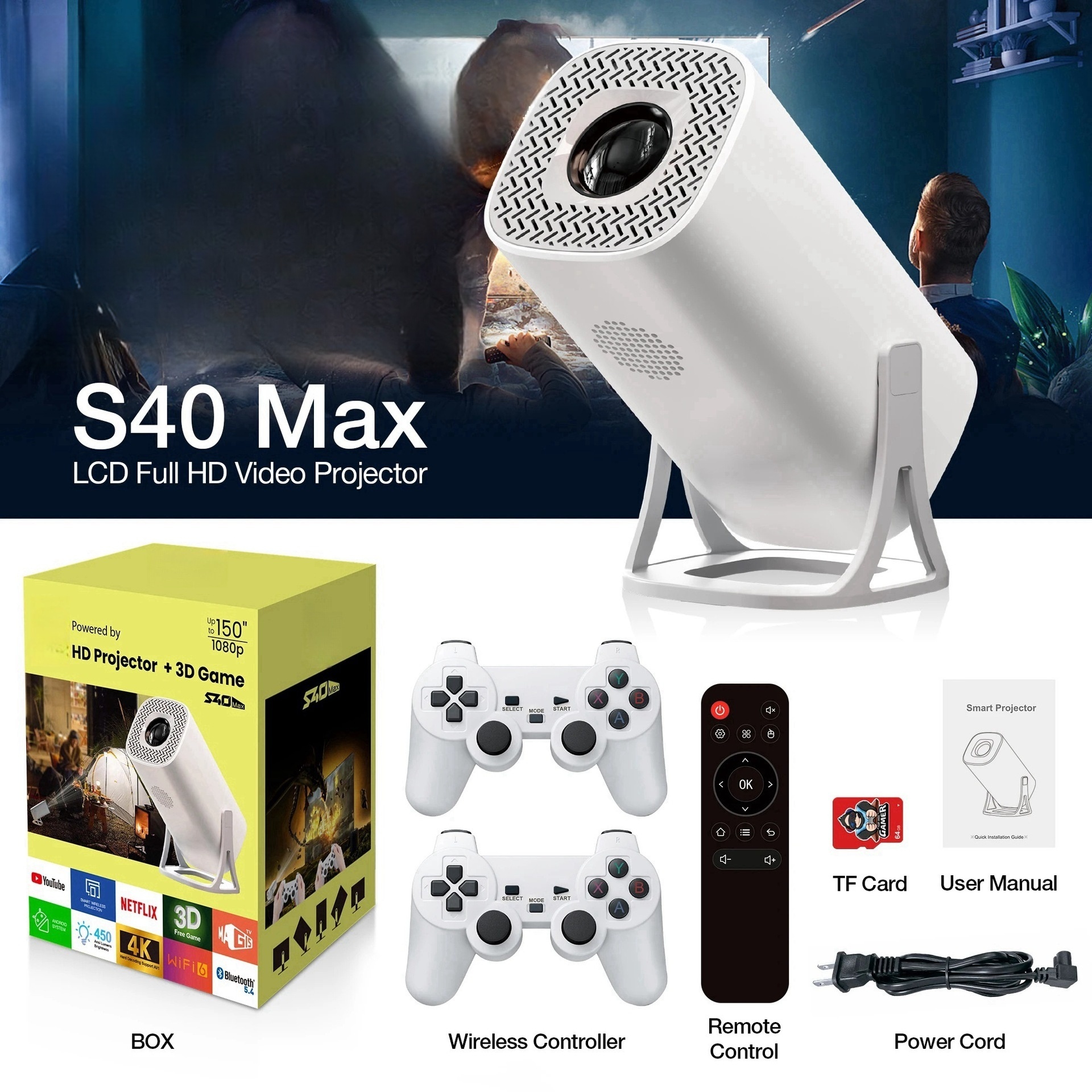Mini projecteur 1080p compatible 4K, projecteur de jeu avec manette ...
