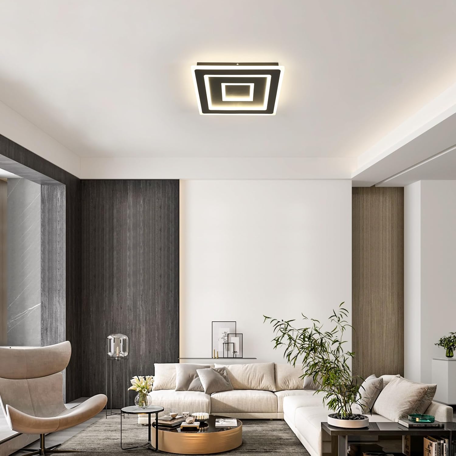 Lámpara de techo LED cuadrada moderna negra para sala de estar, 52 W, 5850 lm, 40 cm, para ...
