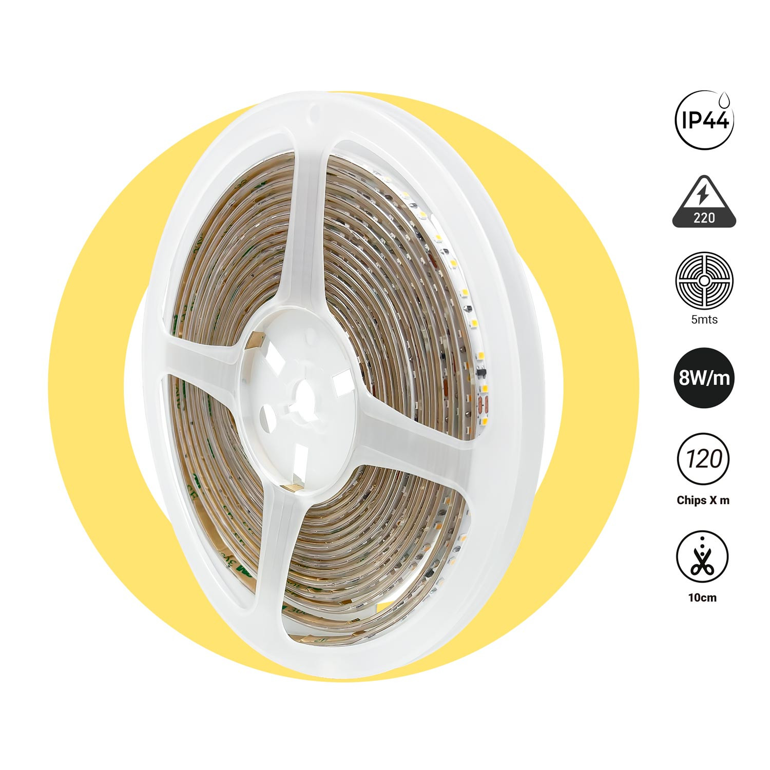 Bande LED 220V AC - Monocouleur - 8W/m - 6.5mm - IP44 - 5 mètres ...