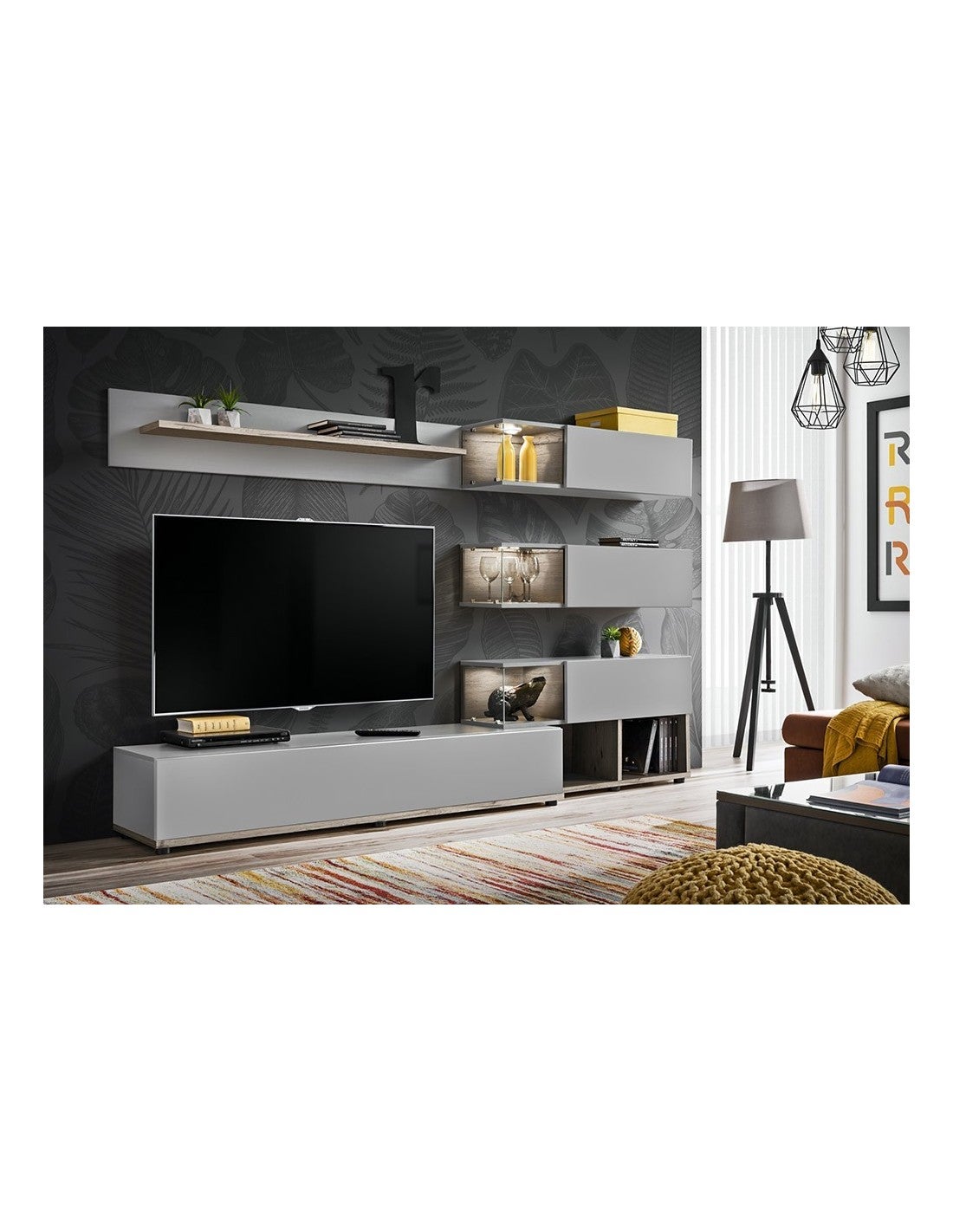 Ensemble de meubles pour votre salon KLIS. Composition murale coloris gris perle et chêne. LED ...