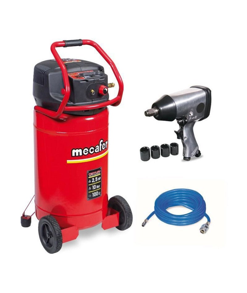 MECAFER COMPRESSEUR VERTICAL 100L 2,5HP + KIT CLE A CHOC | Bricoman