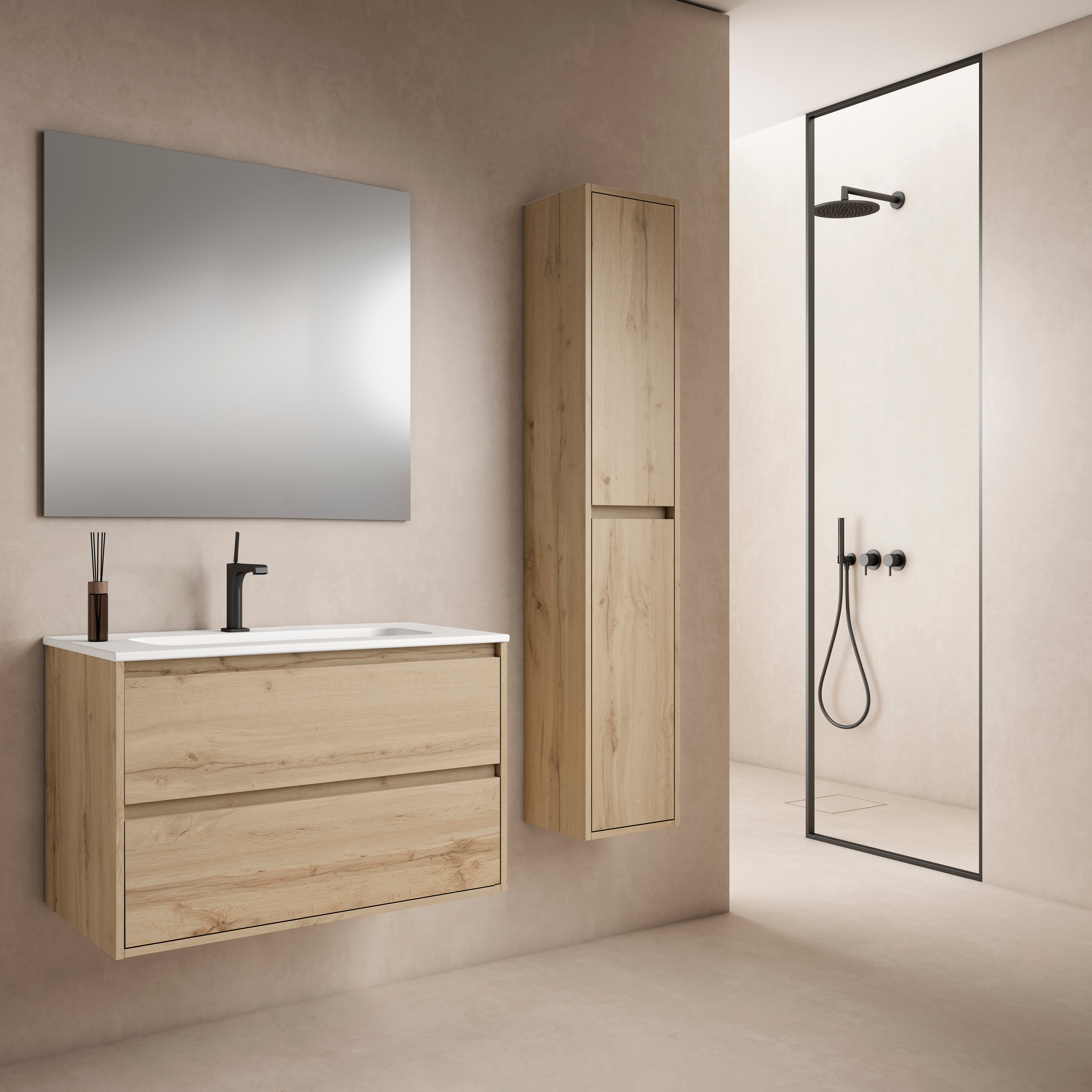 Mueble Jade 100 cm 2C, Roble Hércules. Pack mueble + lavabo + espejo ...