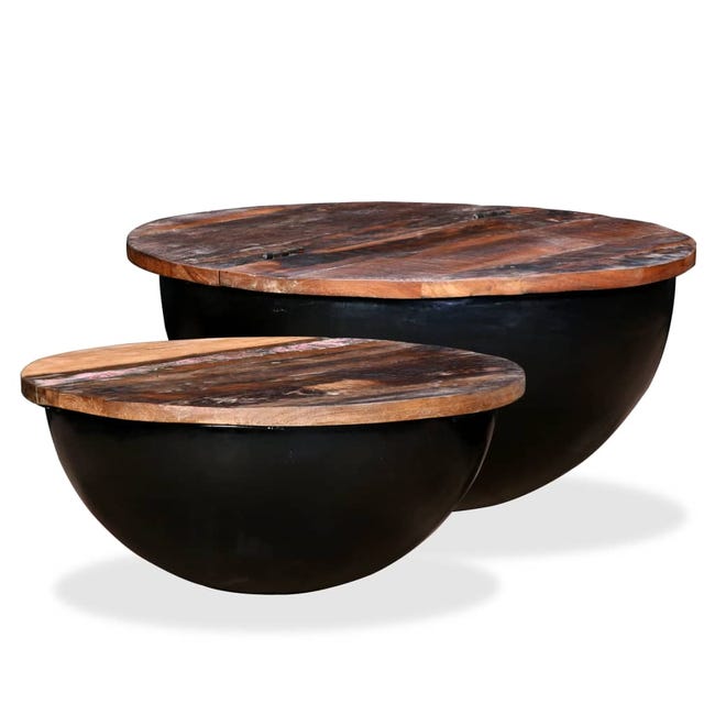 Maison Exclusive Set De 2 Mesas De Centro Madera Reciclada Negra Forma De Bol Leroy Merlin