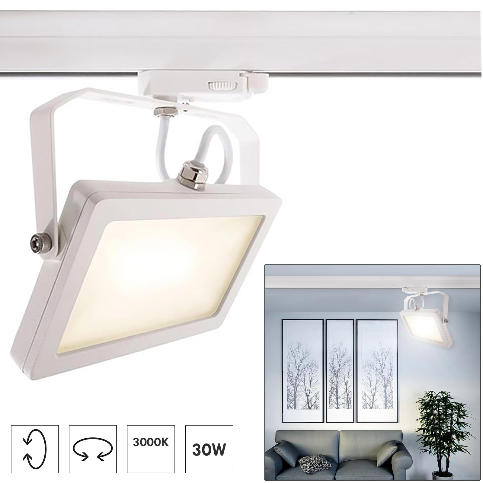 Spot sur rail pour rail triphasé LED 30W lumière blanche avec support ...