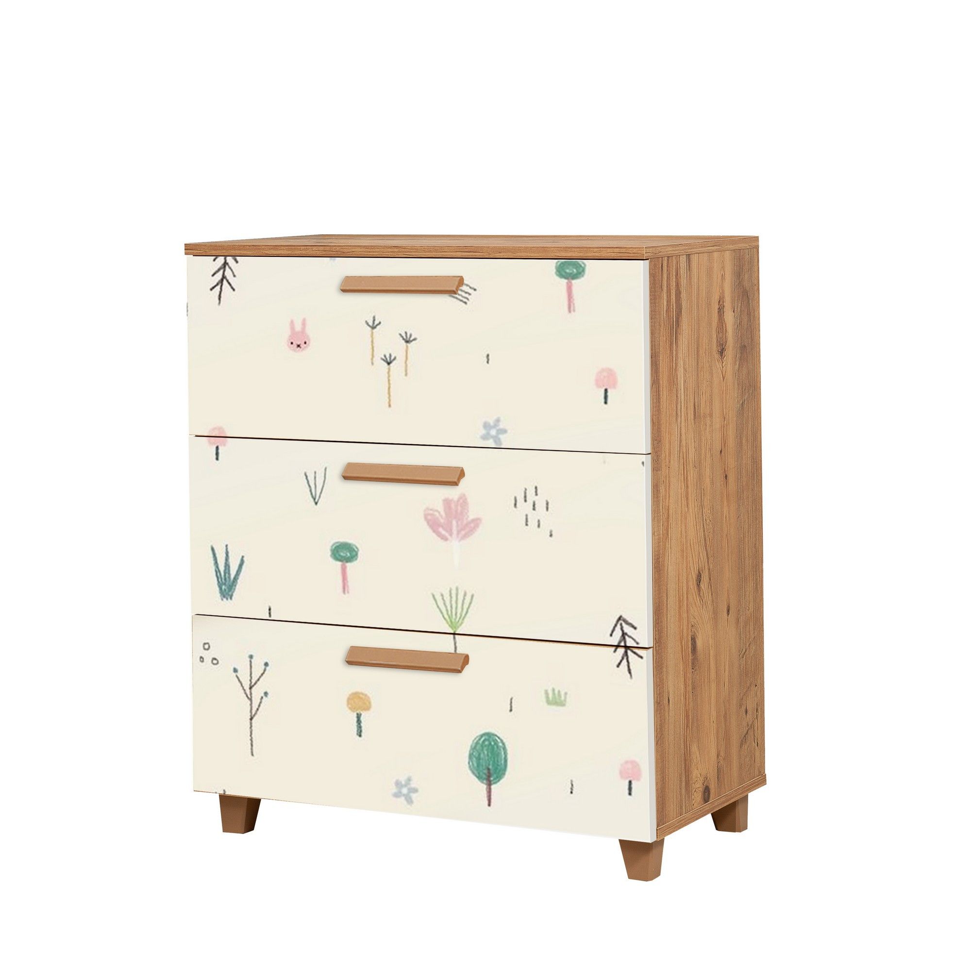 Commode 3 tiroirs Perth L80xH95cm Bois Motif Dessin enfantin d'arbre ...