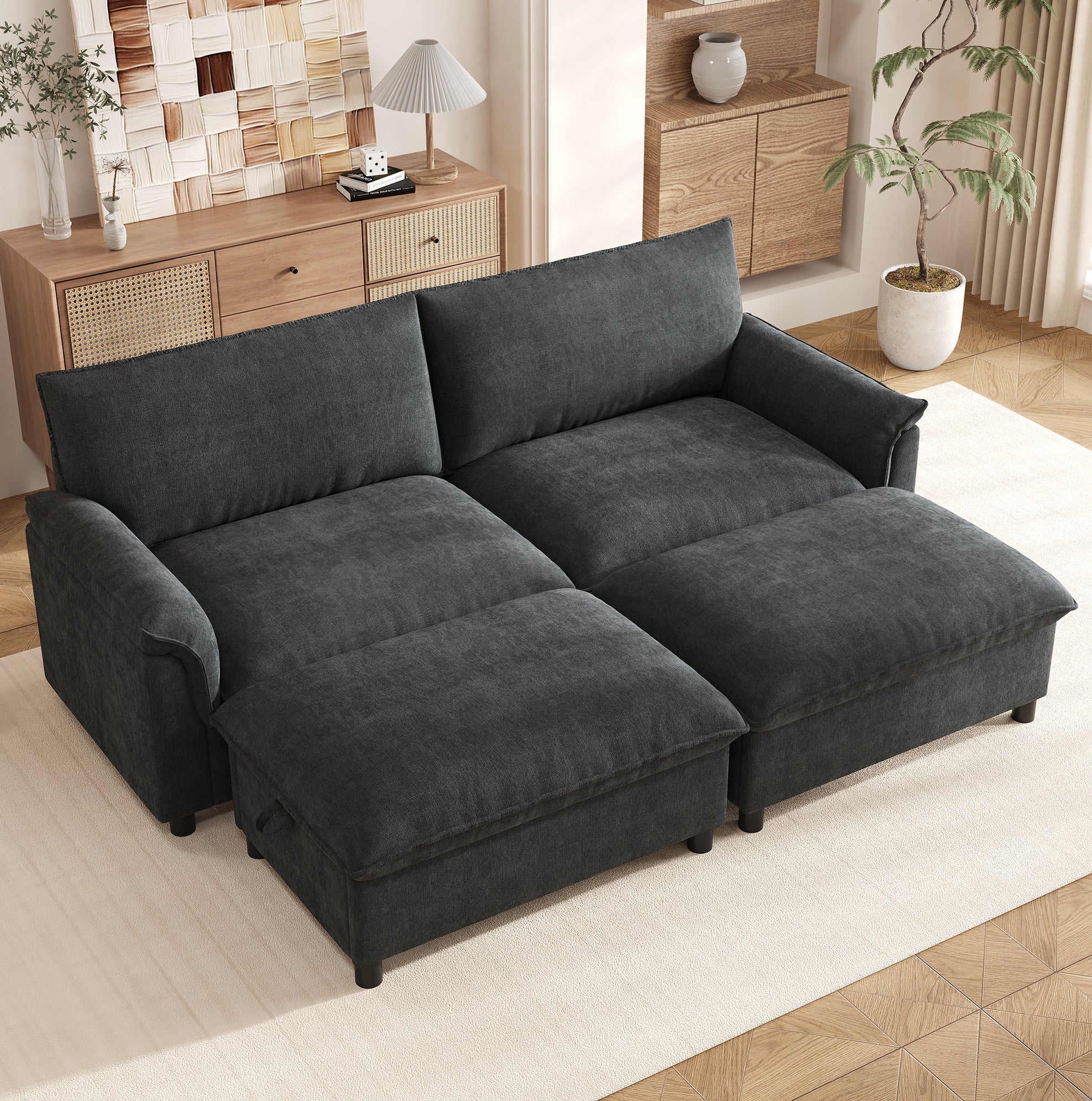 Sofá Modular Convertible 216x77x82 cm, 2 Puf Arcón Móviles, Respaldo ...