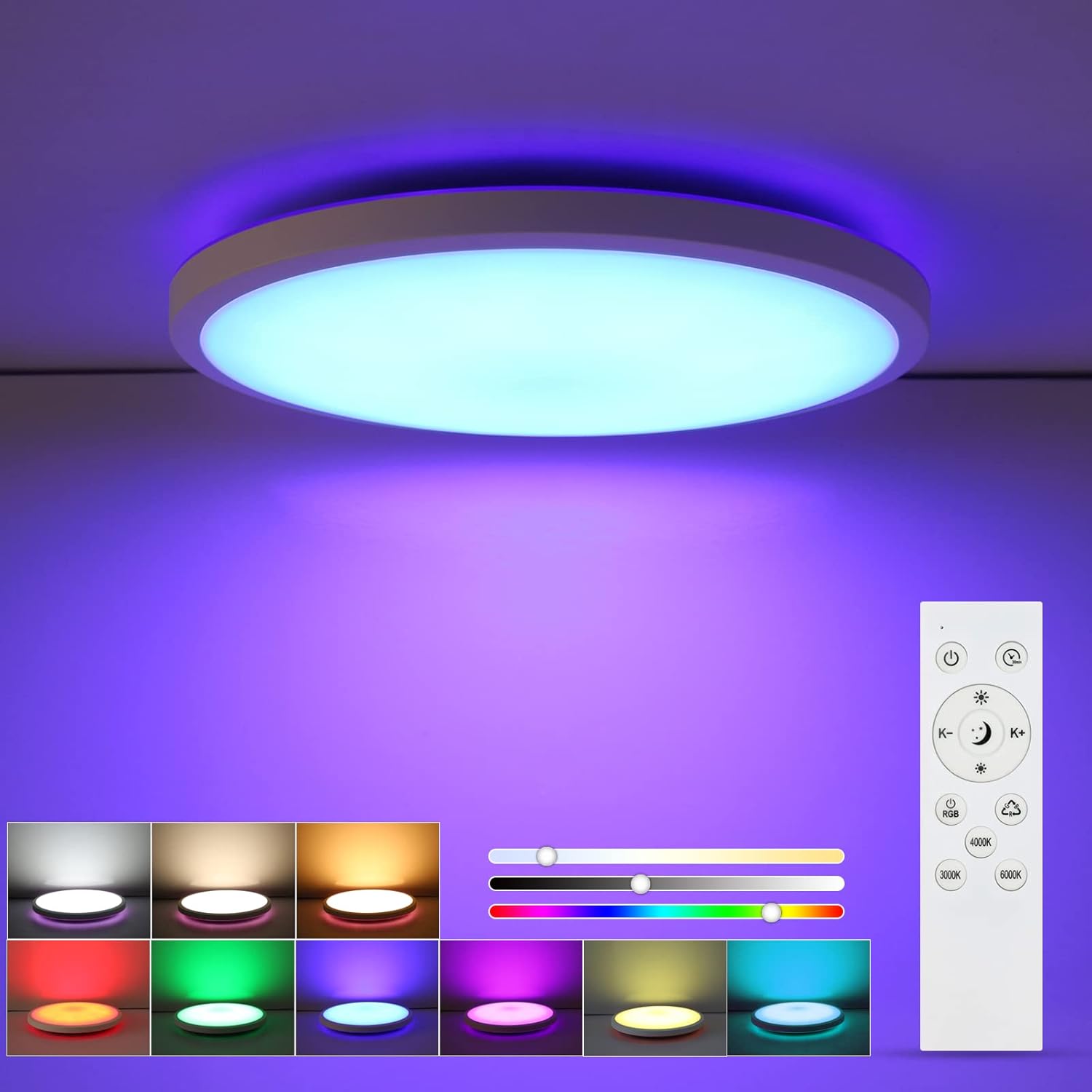 Plafón LED RGB regulable con mando 24W Ø28cm 3 colores para dormitorio ...