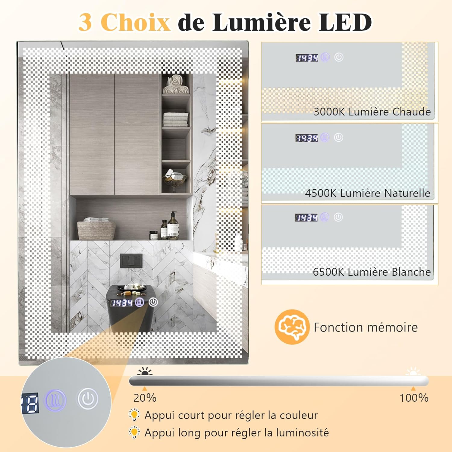 Miroir Salle de Bain LED à 3 Couleurs & Luminosité Réglable, Miroir ...