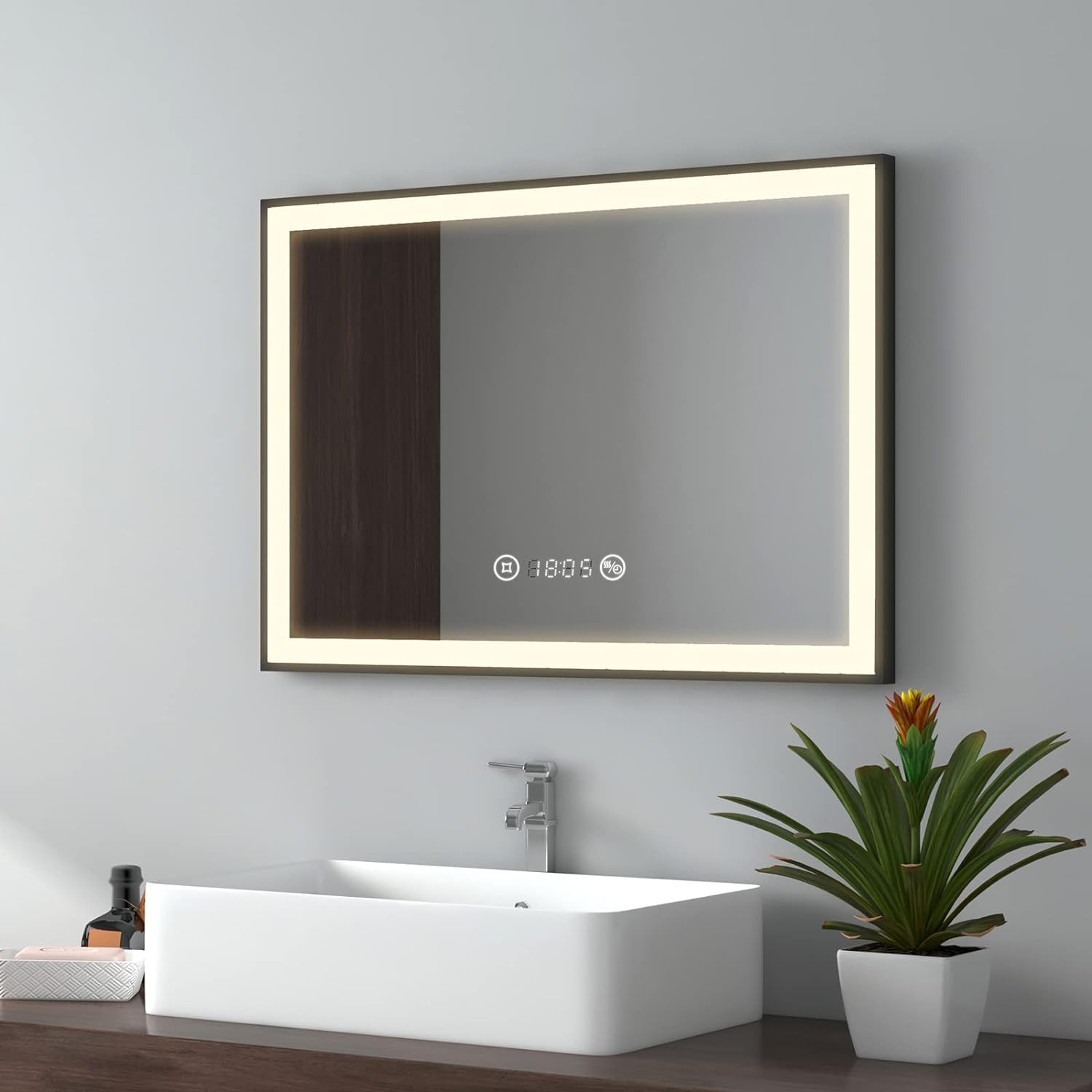EMKE Espejo de baño LED Marco negro con interruptor táctil, antivaho ...