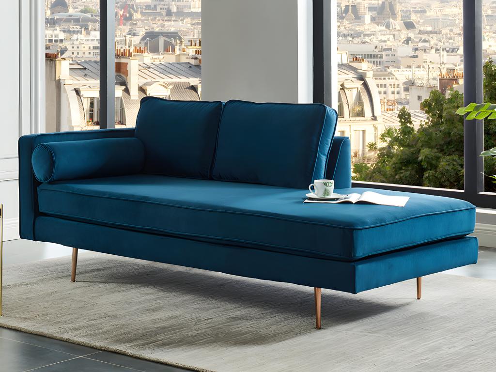 Méridienne gauche en velours KAHEL - Bleu canard | Leroy Merlin