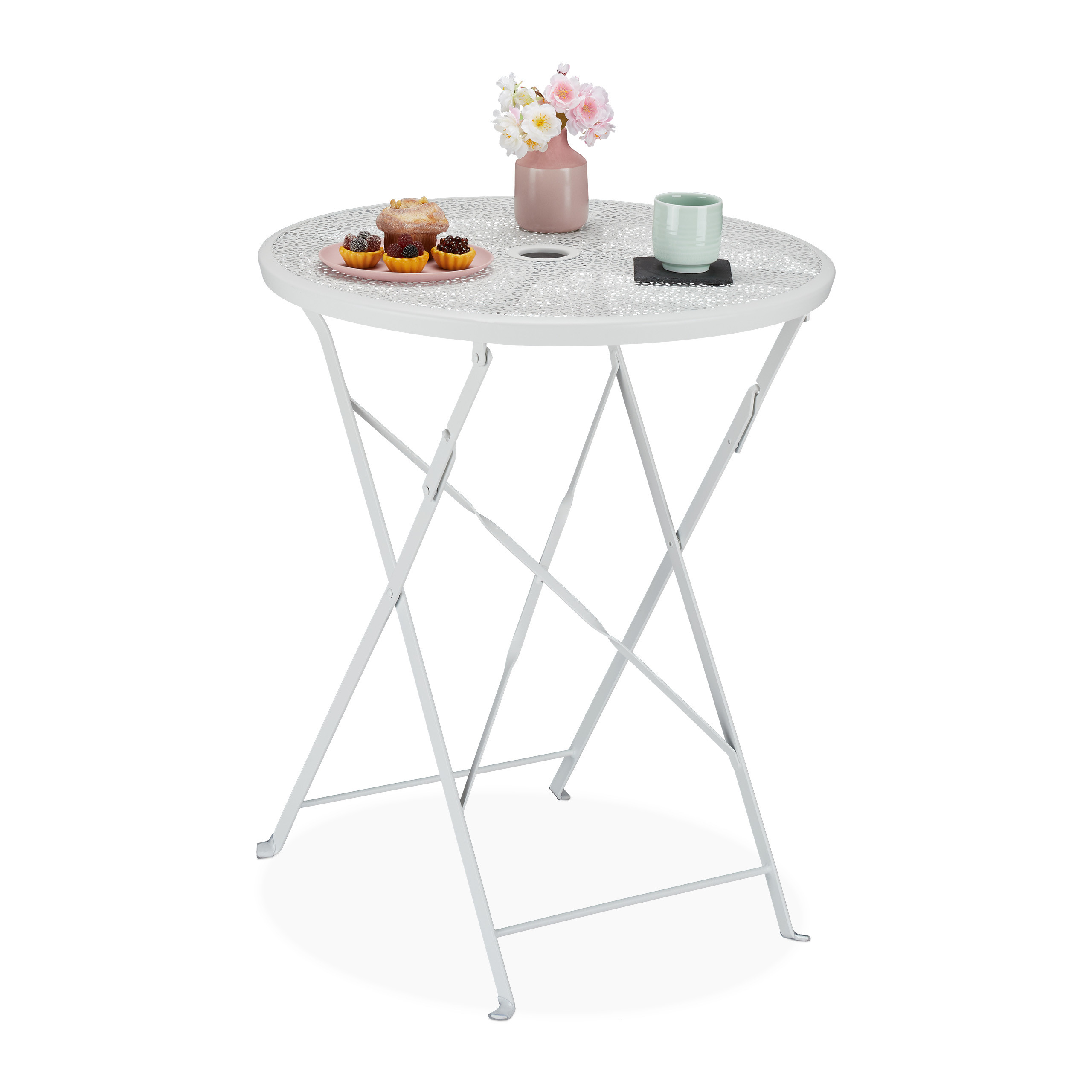 Relaxdays Table de balcon, trou parasol, motifs terrazzo, H x D : 71,5 ...