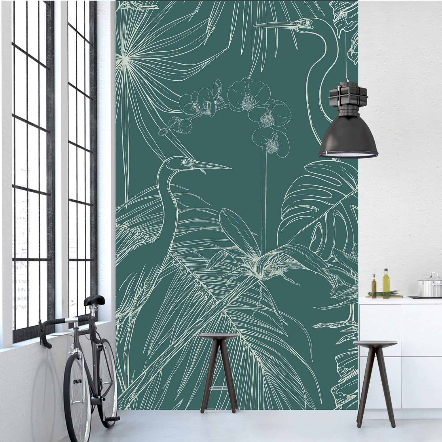 Papier peint panoramique intissé, graphisme d'un héron parmi les ...