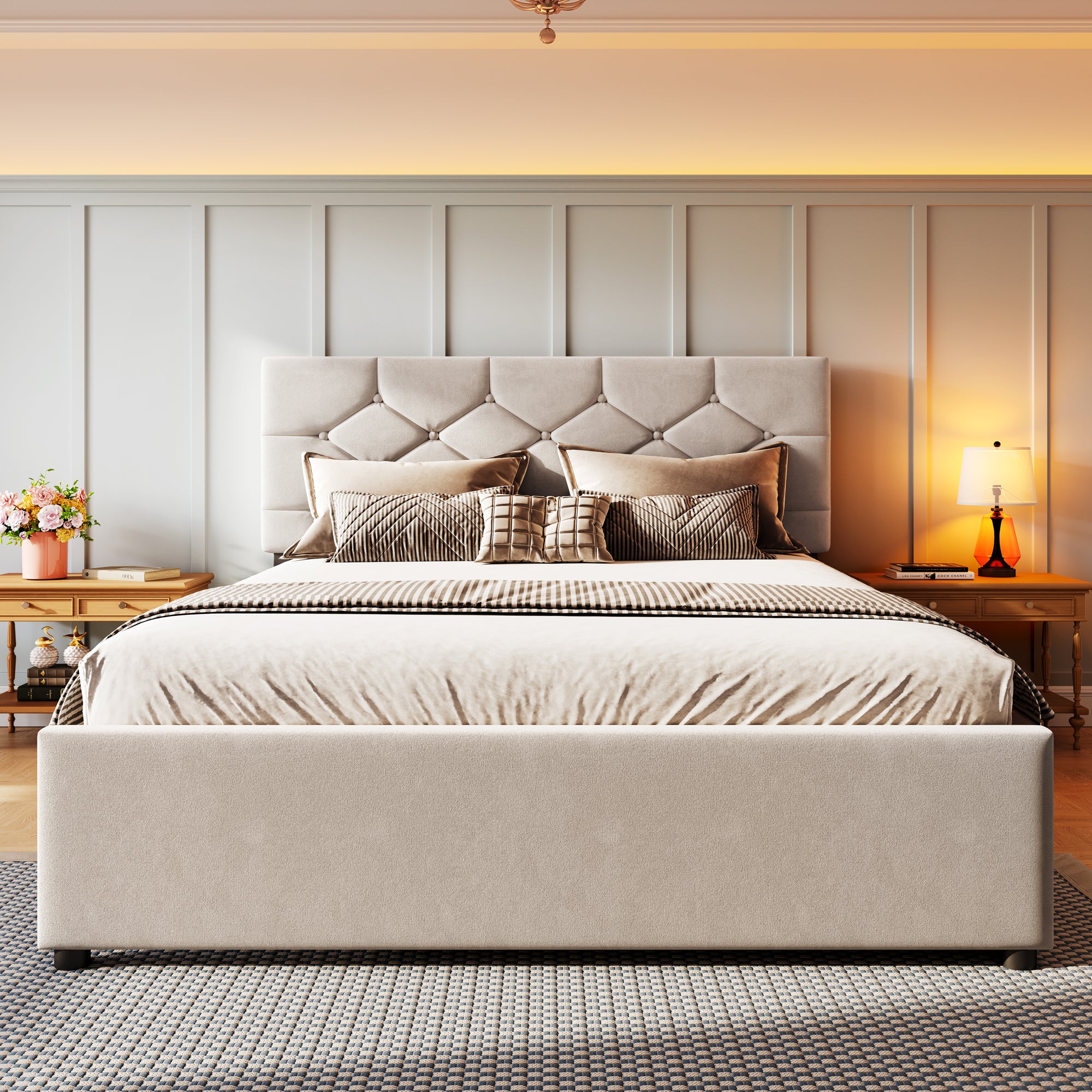 Cama tapizada 140 x 200 cm - Cama con somier de láminas (sin colchón) y contenedor con ruedas ...