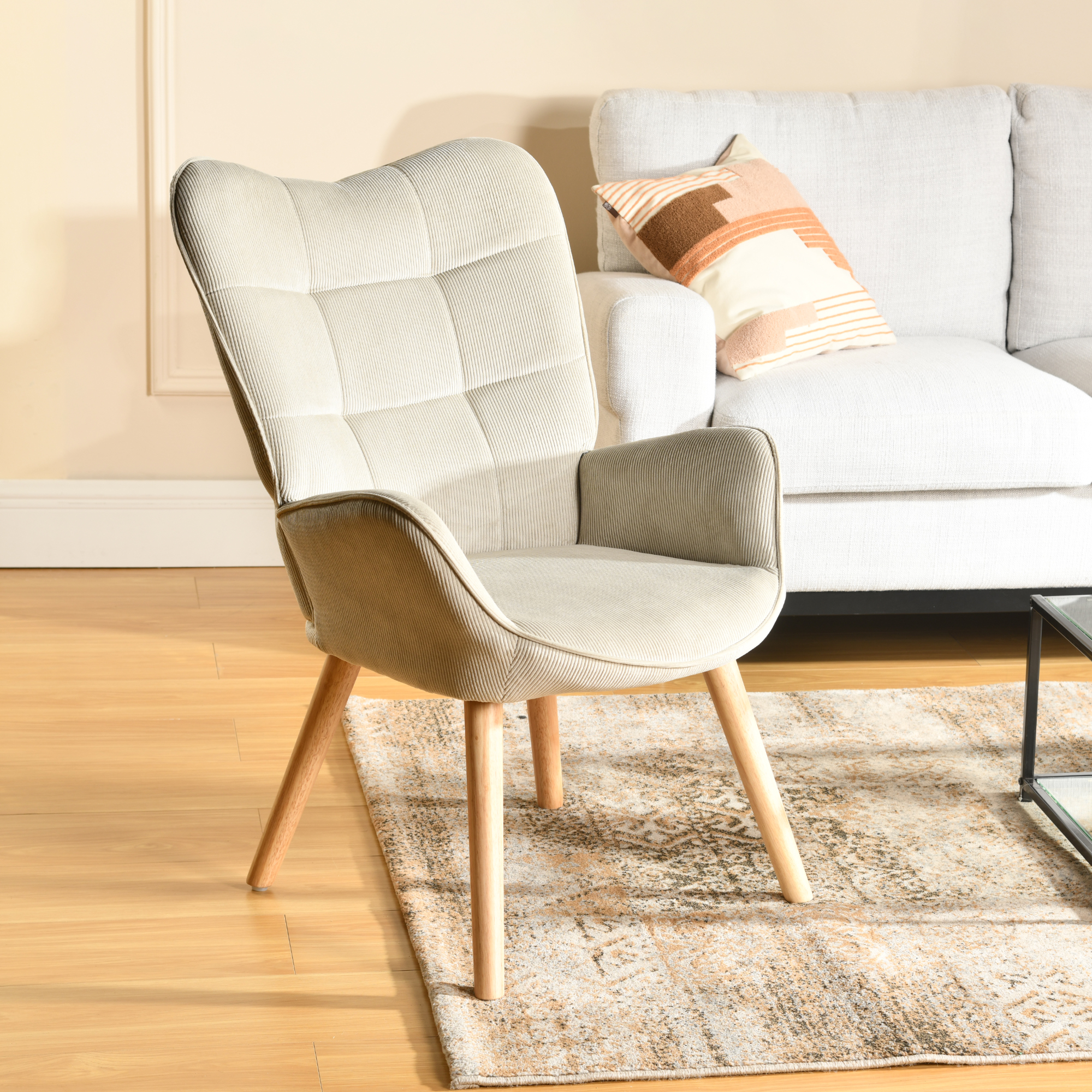 Fauteuil scandinave capitonné en velours côtelé beige | Leroy Merlin