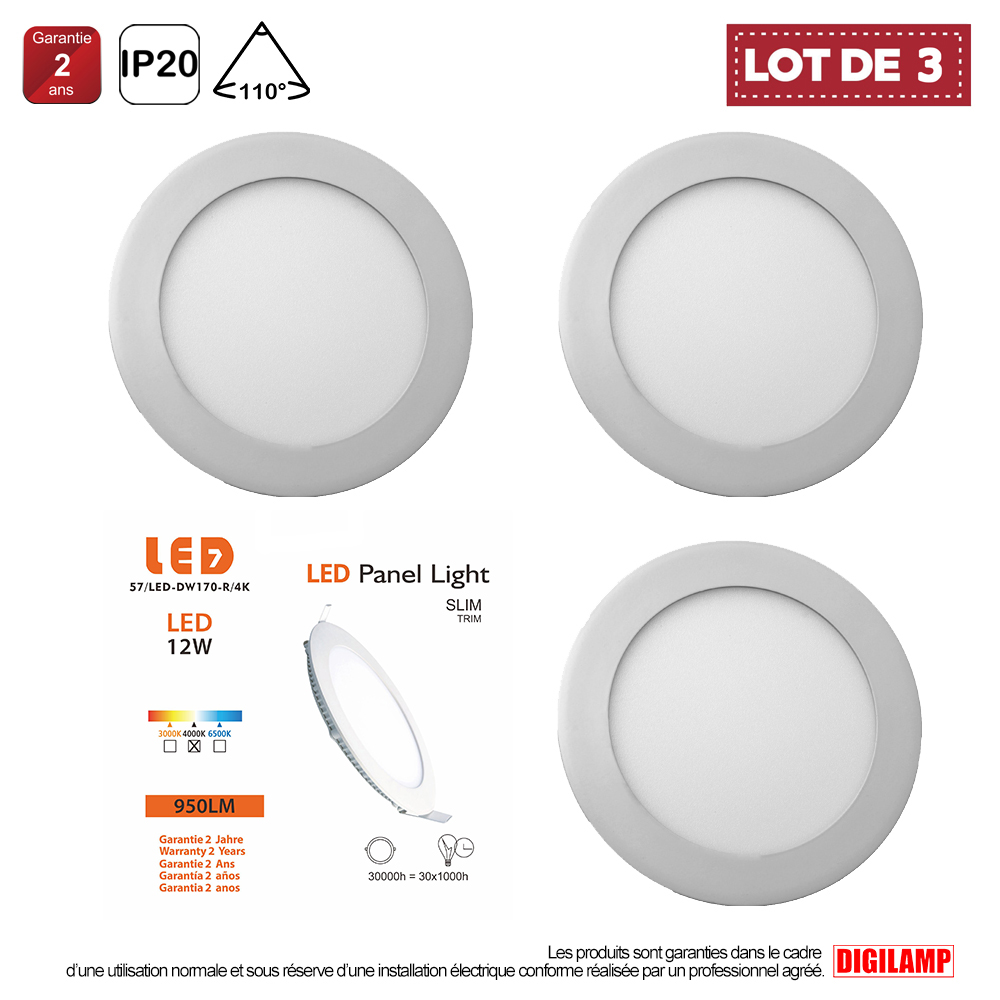 Lot de 3 Spot Encastrable Led Downlight Panel Extra plat 12w Blanc ...