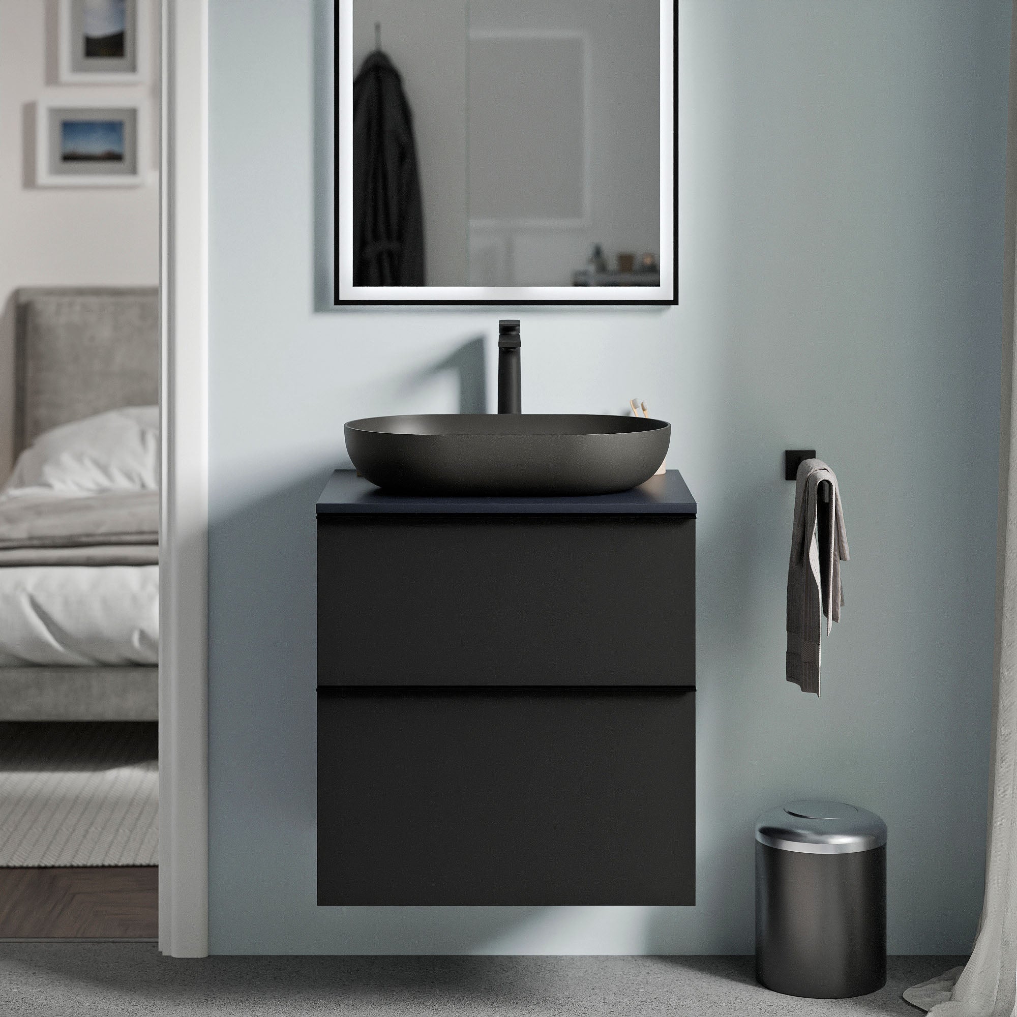 BERNSTEIN - Mueble lavabo suspendido MDF negro mate, encimera de lavabo azul noche mate, tirador ...