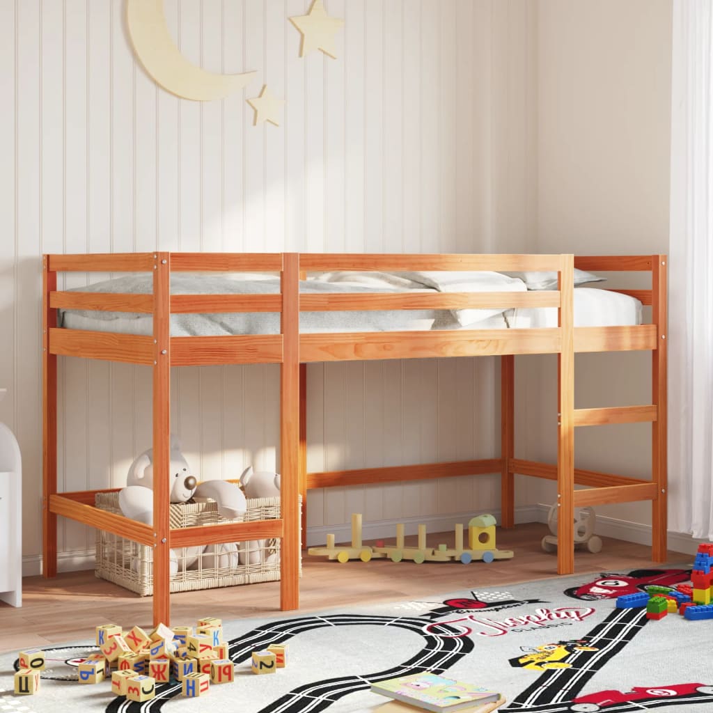 VidaXL Cama alta de niños con escalera madera maciza marrón 90x200 cm ...