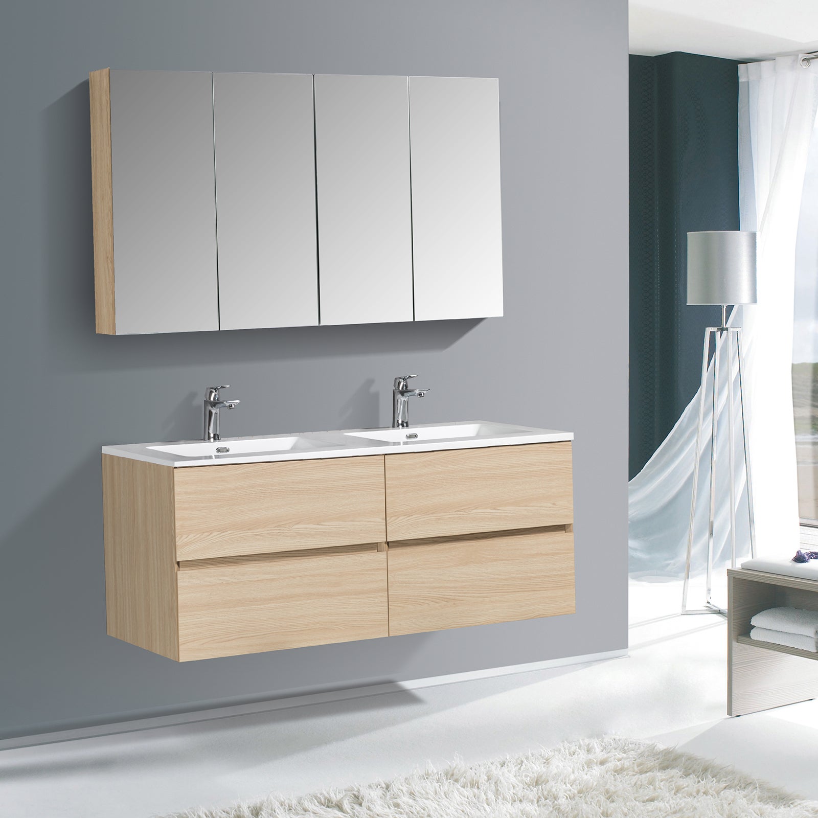 BERNSTEIN - Meuble double vasque suspendu MDF Chêne clair lavabo Marbre ...