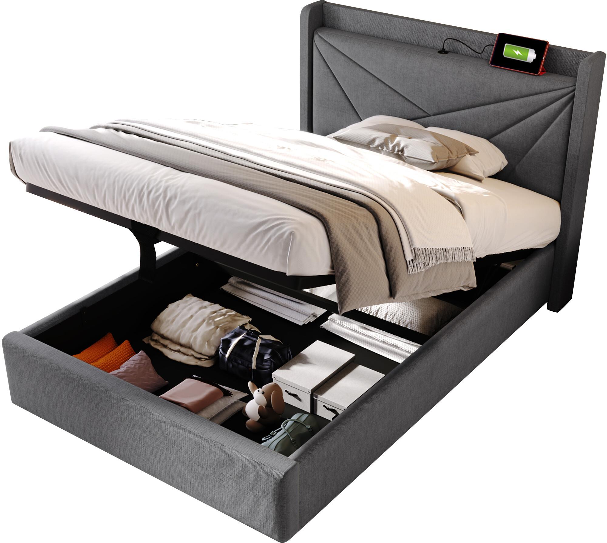 Lit coffre 90x200cm avec port USB et sommier à lattes - lin - gris ...
