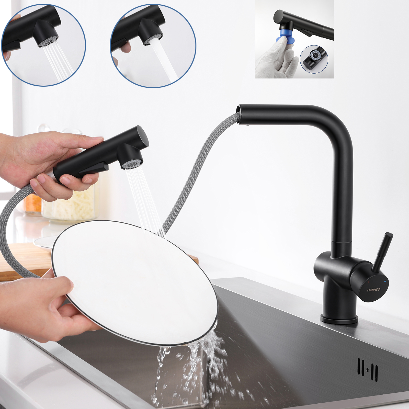 Mitigeur Cuisine Noir Douchette Robinet Douchette d'évier Extractible à ...