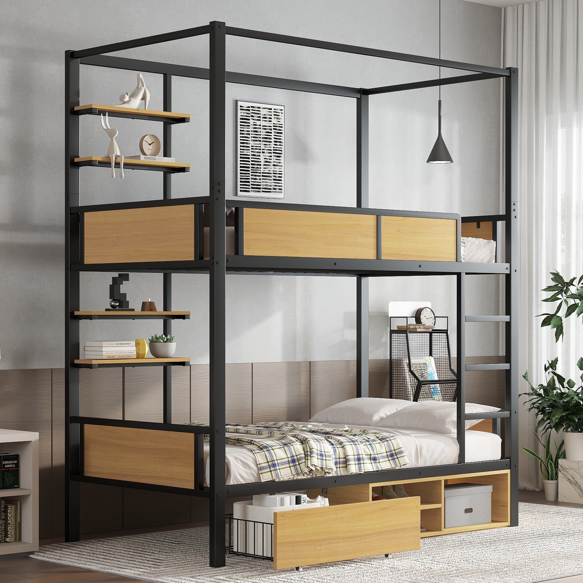 Lit superposé en fer (fer+MDF noir+naturel) : double étagère chevet ...