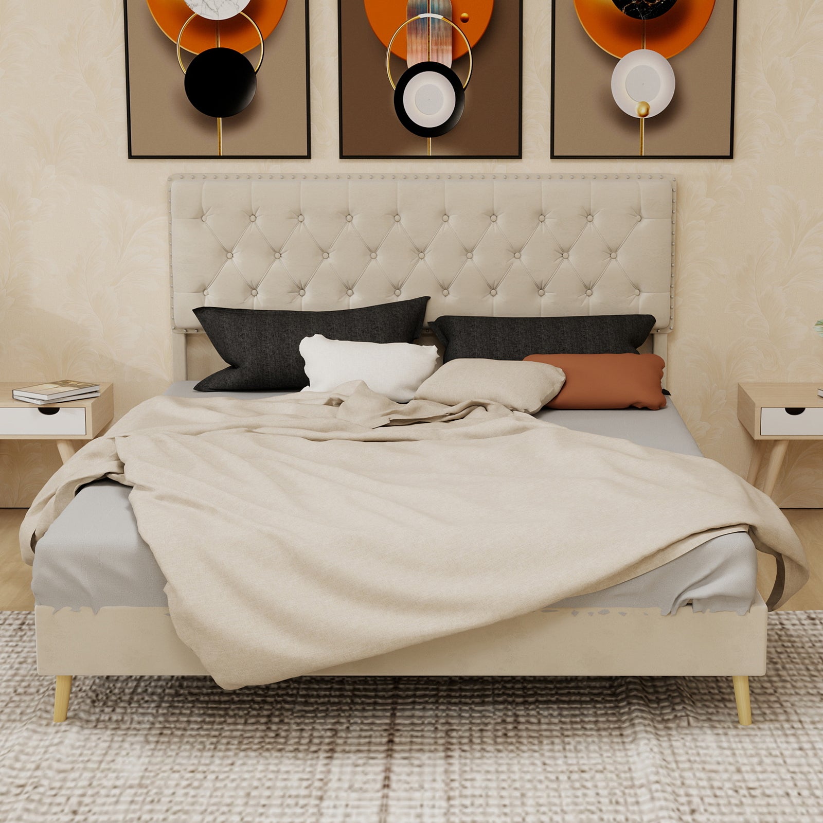 Cama - 160x200cm - Cabecero remachado y somier - Terciopelo holandés ...