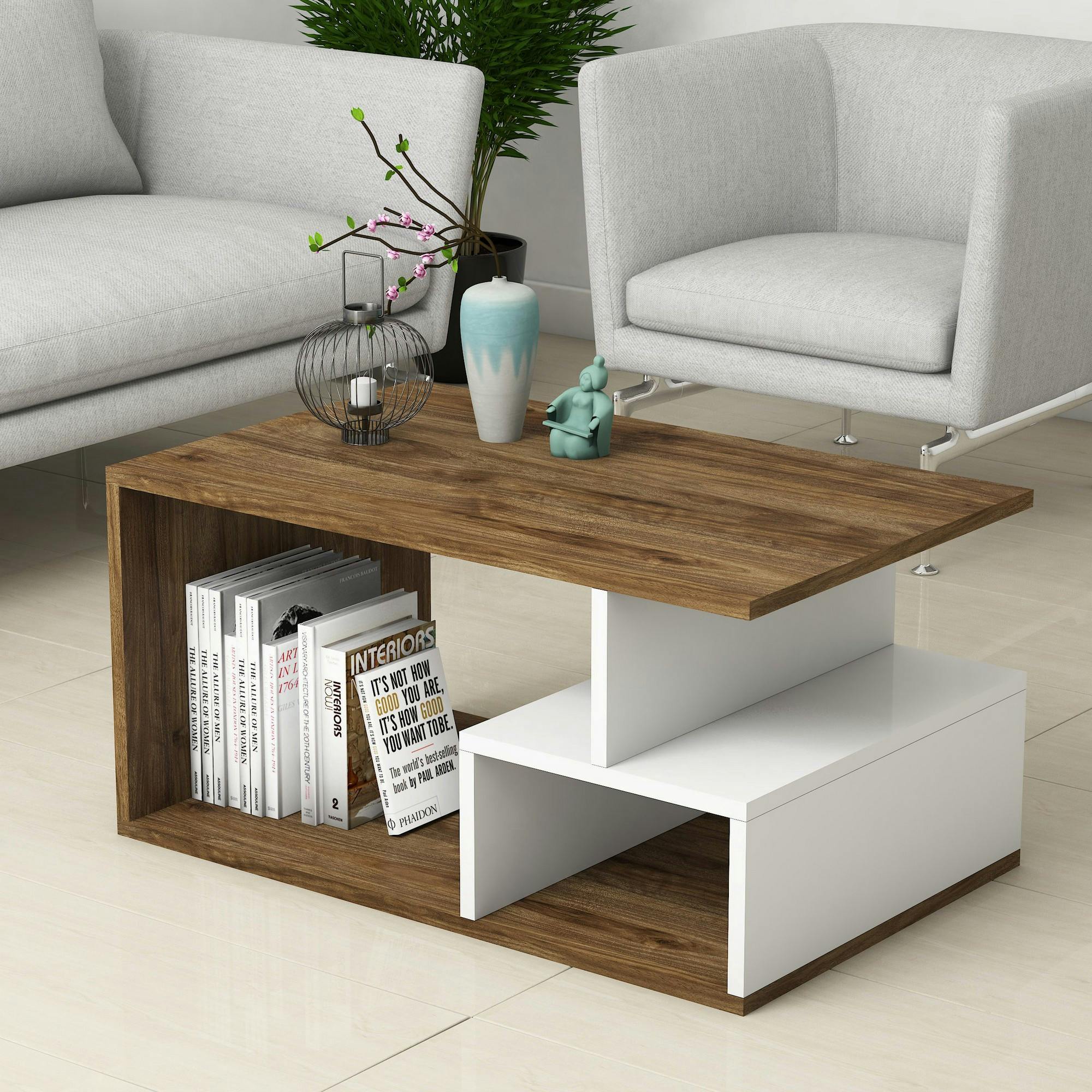 Table basse avec rangement ouvert, effets noyer & blanc MARFA | Leroy ...