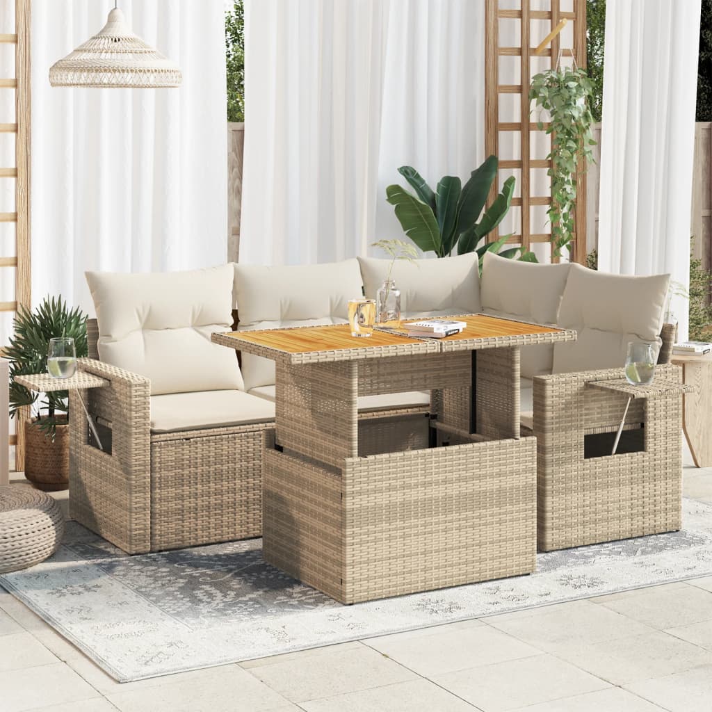 Muebles de jardín con cojines 5 piezas resina tejida beige | Leroy Merlin