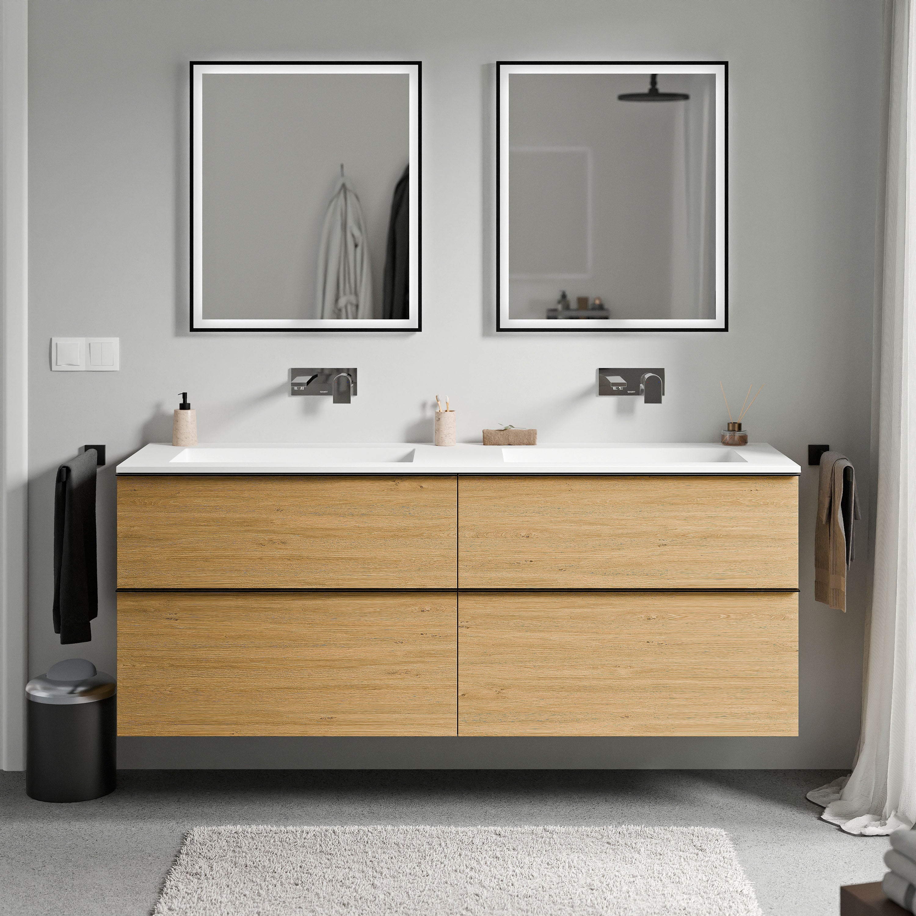 BERNSTEIN - Meuble vasque suspendu MDF Chêne miel, lavabo fonte Blanc ...