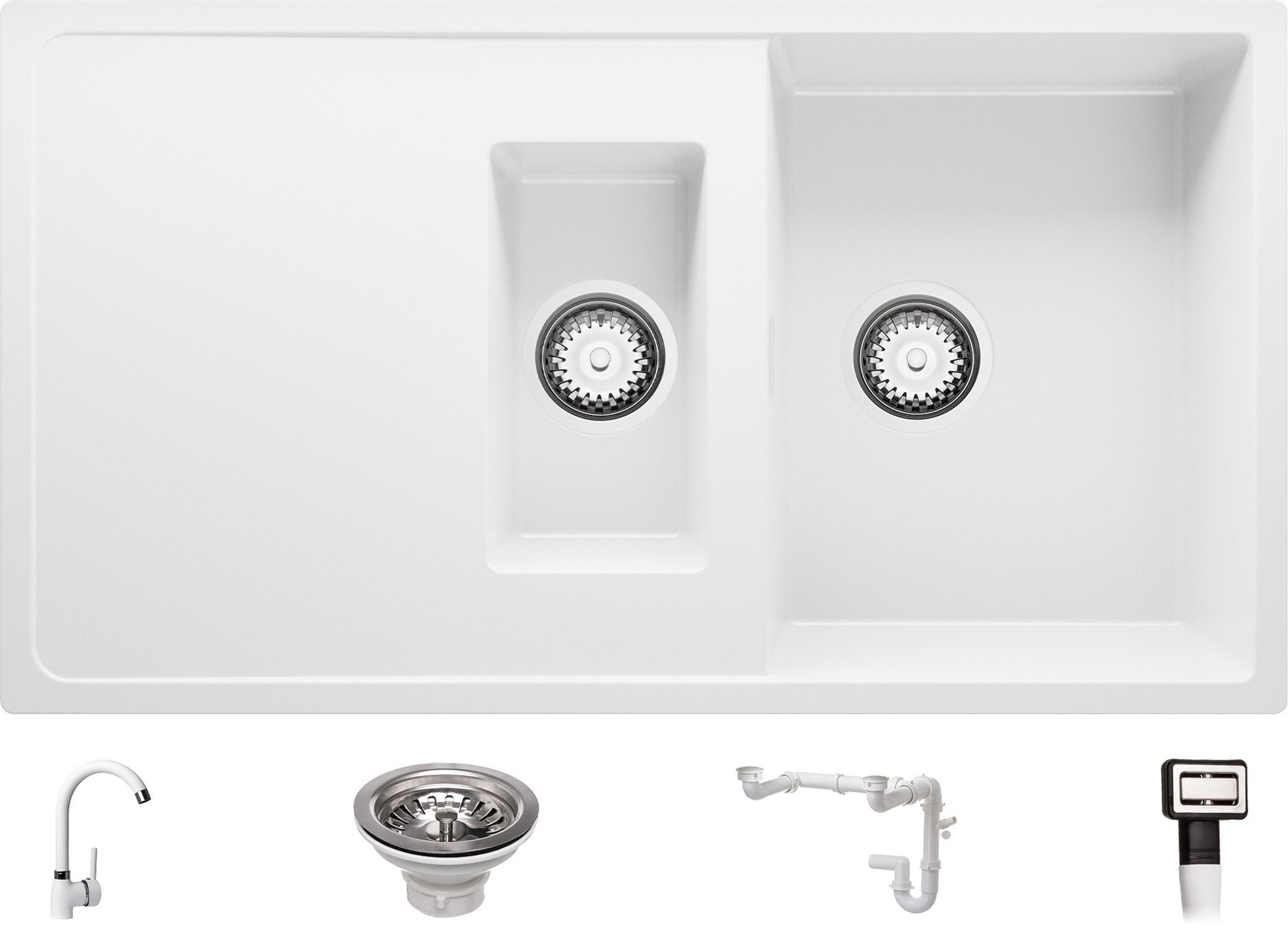 Evier Cuisine en Granit Blanc, 90 x 50 cm, Lavabo 1,5 bac + Robinet ...