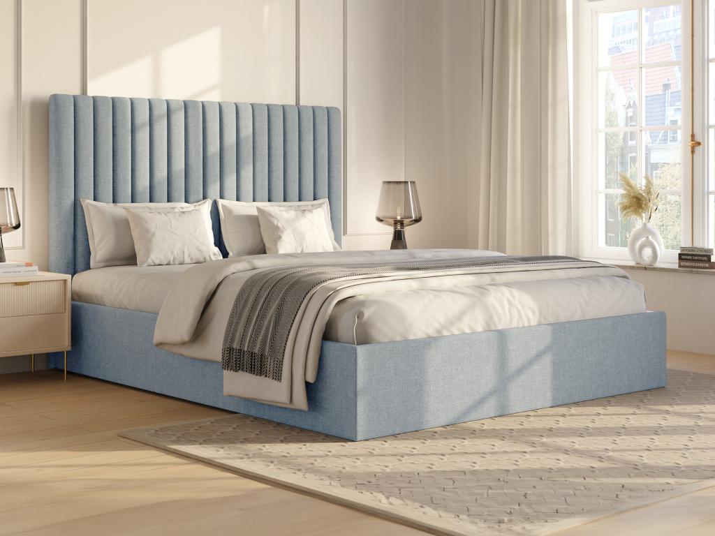 Lit coffre 140 x 190 cm avec tête de lit coutures verticales - Tissu ...