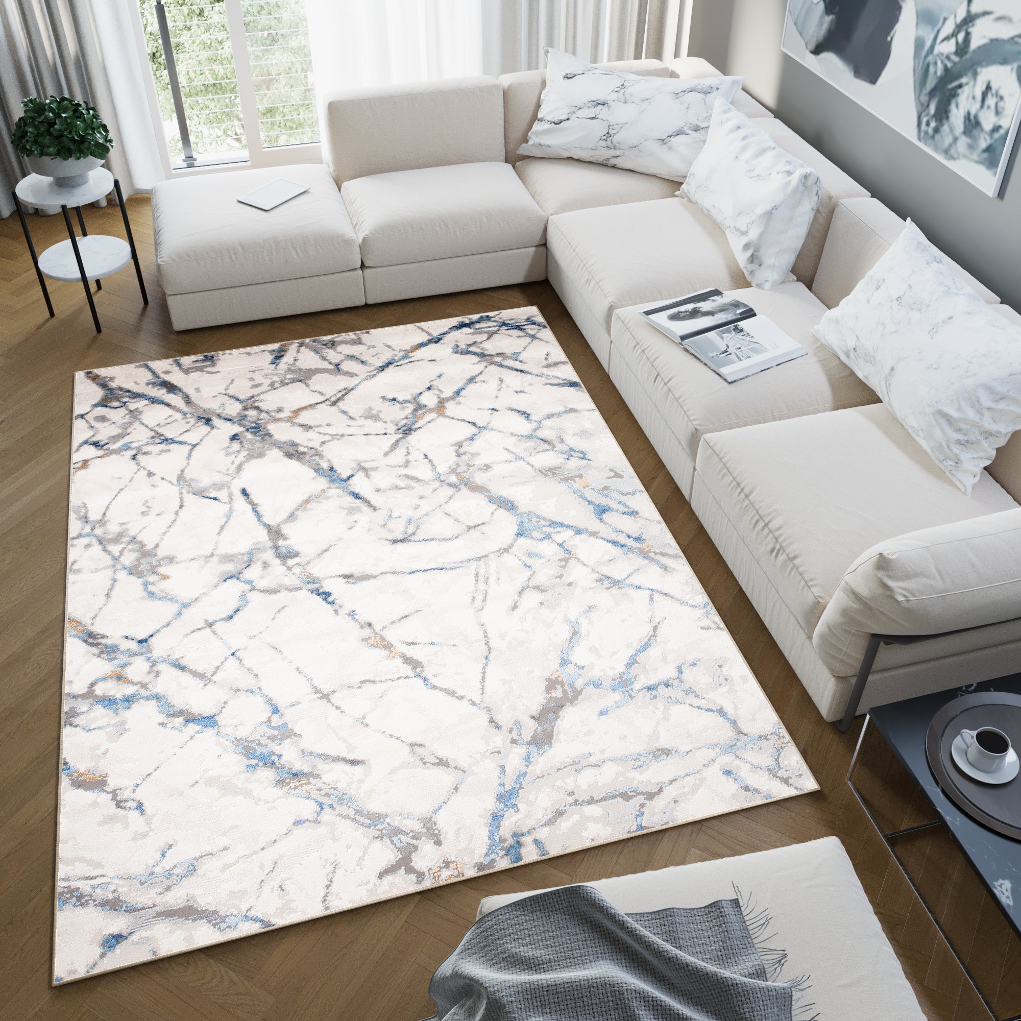 TAPISO Valley Tapis Salon Bleu Crème Marron Gris Abstrait Doux 140x200 ...