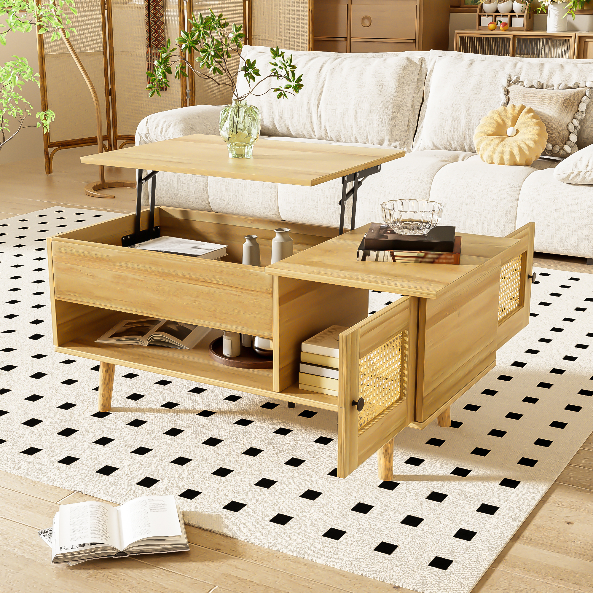 Elegante mesa de centro en madera y detalles en negro: tapa elevable ...