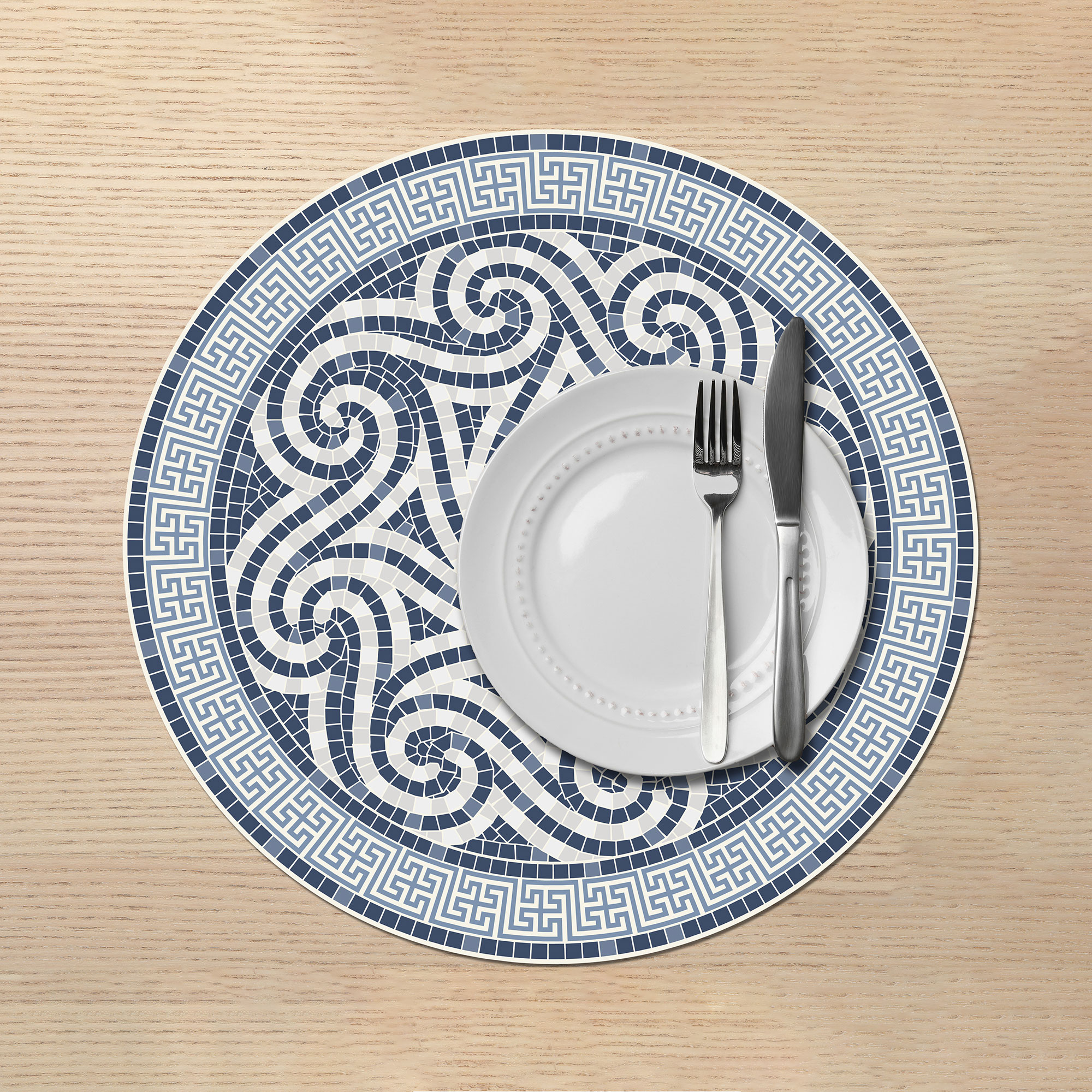 Lot de 4 sets de table/ Motifs géométriques bleus / 38 cm - ROND/ Créé et fabriqué en France ...