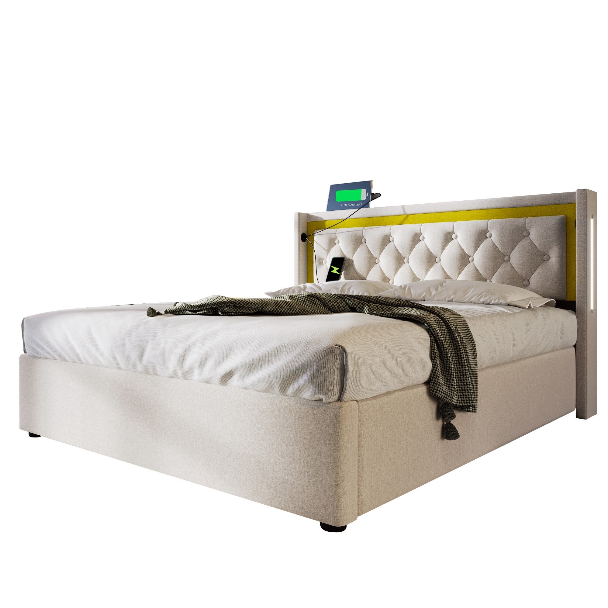 Lit double adulte 140x200 cm avec LED et USB-C, lin beige (sans matelas ...