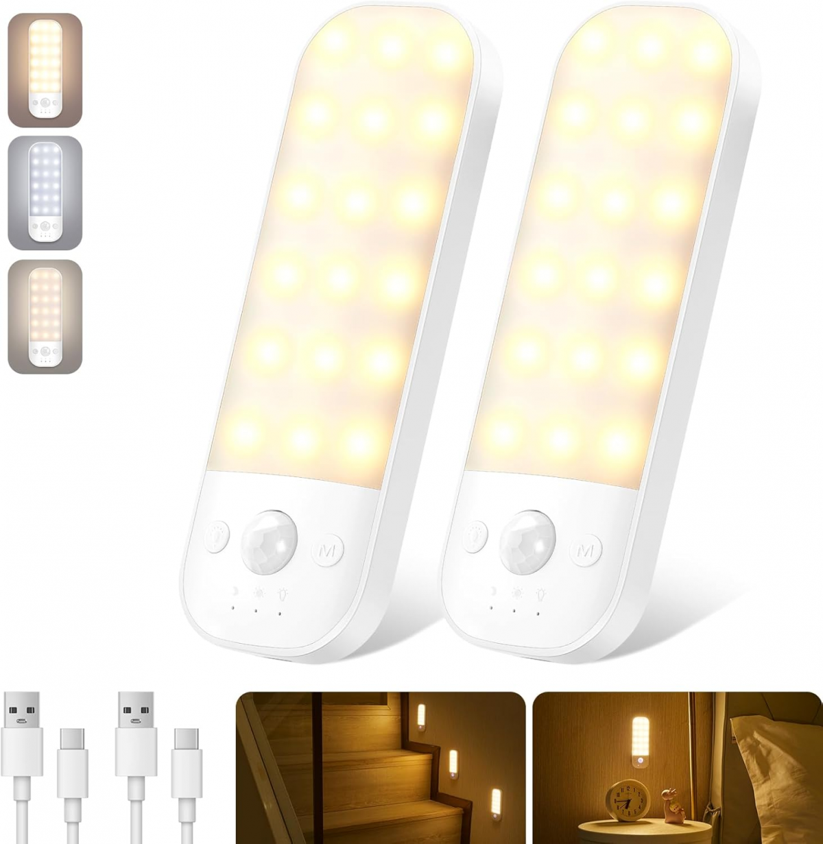 Juego de 2 luces nocturnas LED con sensor de movimiento, 3 modos ...