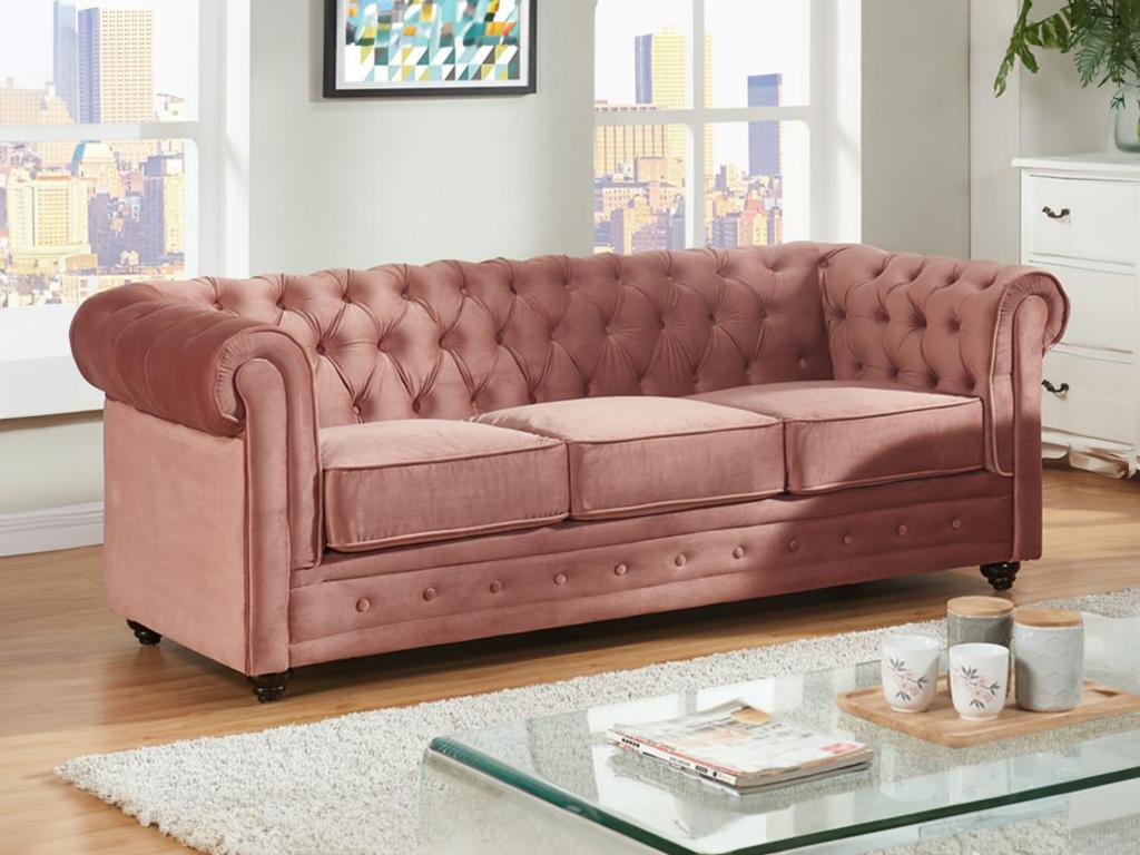 Canapé 3 places CHESTERFIELD - Velours rose pastel | Leroy Merlin
