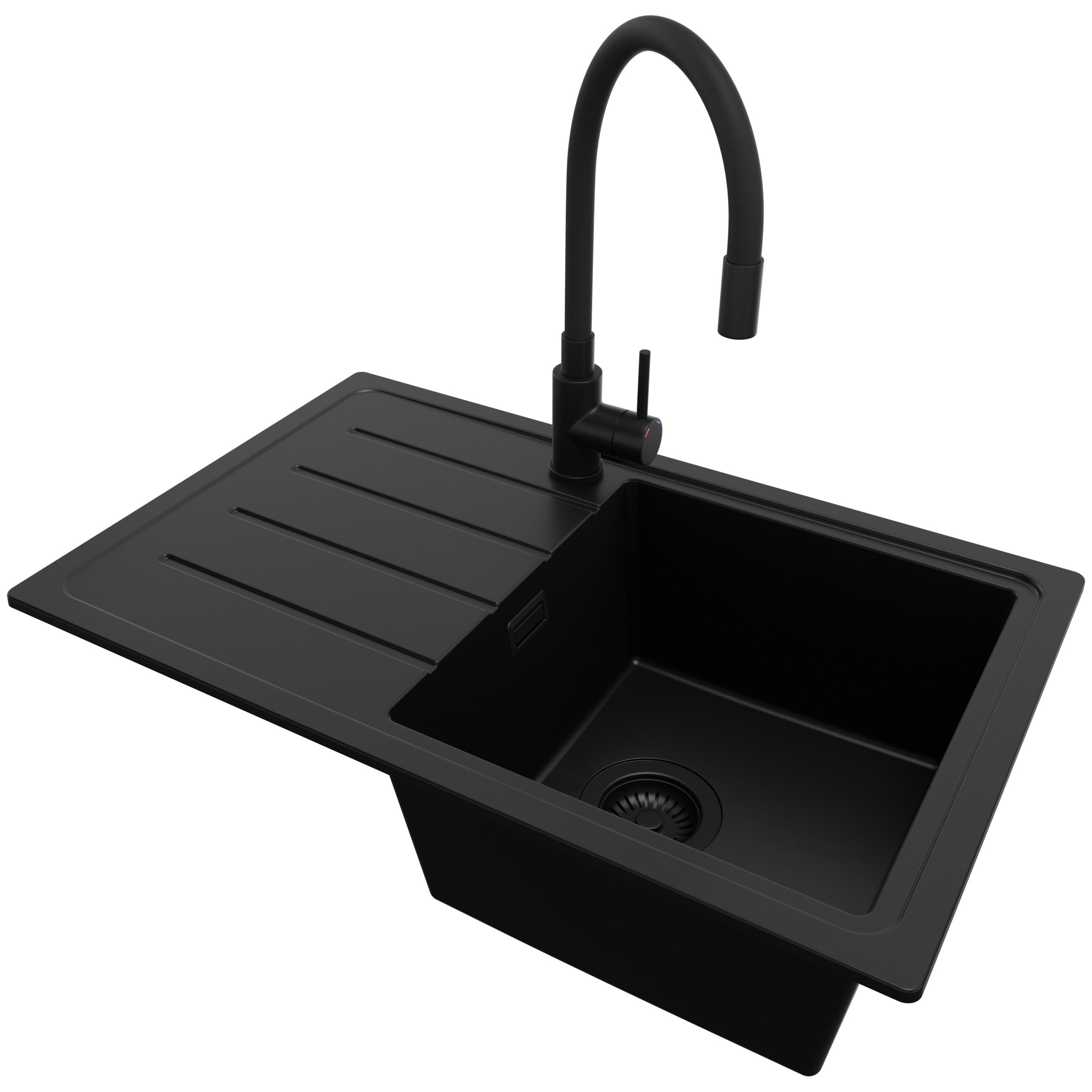 Evier Cuisine en Granit Tout Noir 70x44cm, Lavabo 1 bac + Kit de Vidage ...