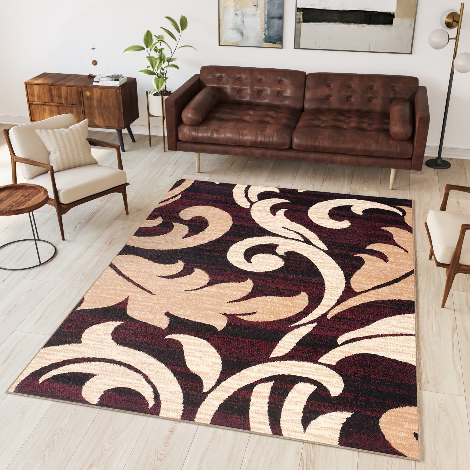 TAPISO Dream Tapis Salon Chambre Beige Marron Rouge Motif Feuilles Fin ...
