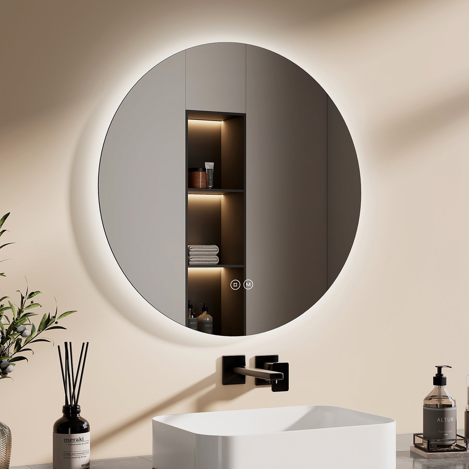 EMKE Espejo LED redondo Ø 60 cm con 3 temperaturas de luz, intensidad ...