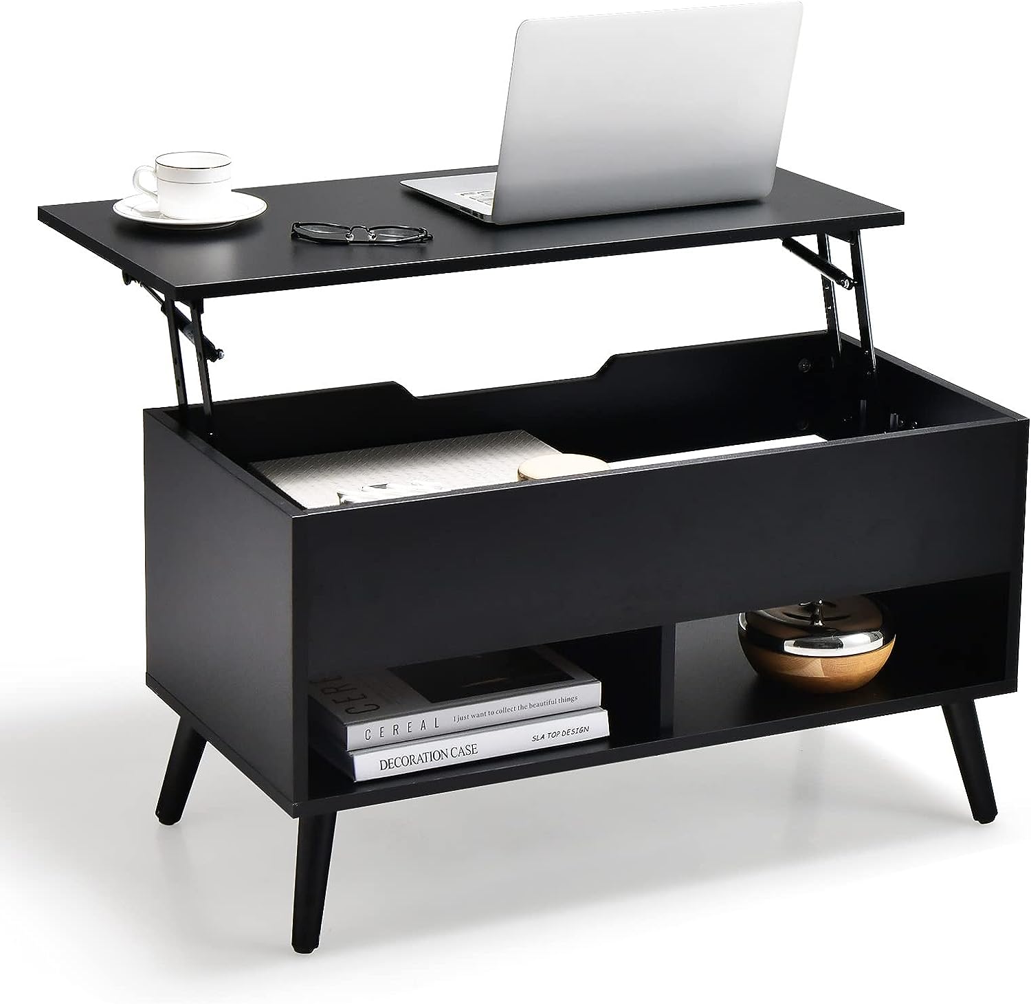 Table Basse Relevable avec 2 Compartiments et Rangement Caché, Table ...