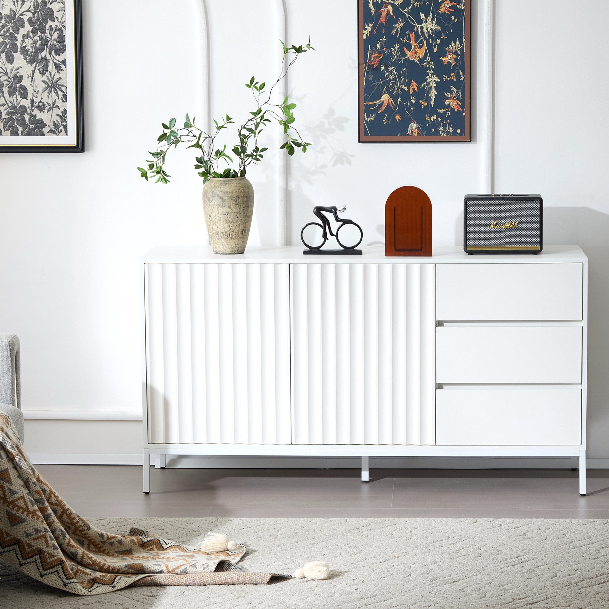 Buffet moderne 150x40x79cm - avec 2 portes et 3 tiroirs- Blanc | Leroy ...