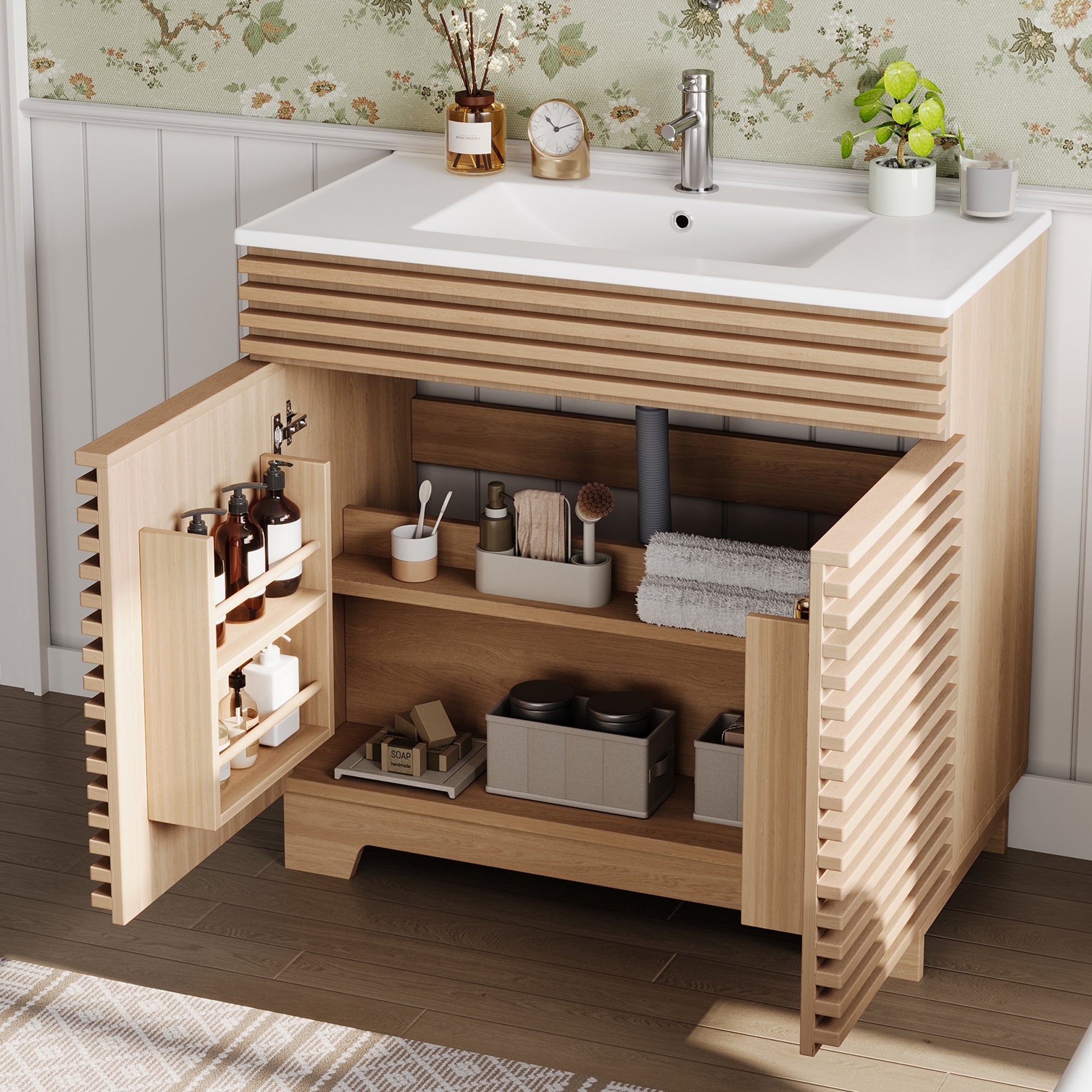 Meuble vasque sur pied 91x46x80 cm avec lavabo céramique, 2 portes ...