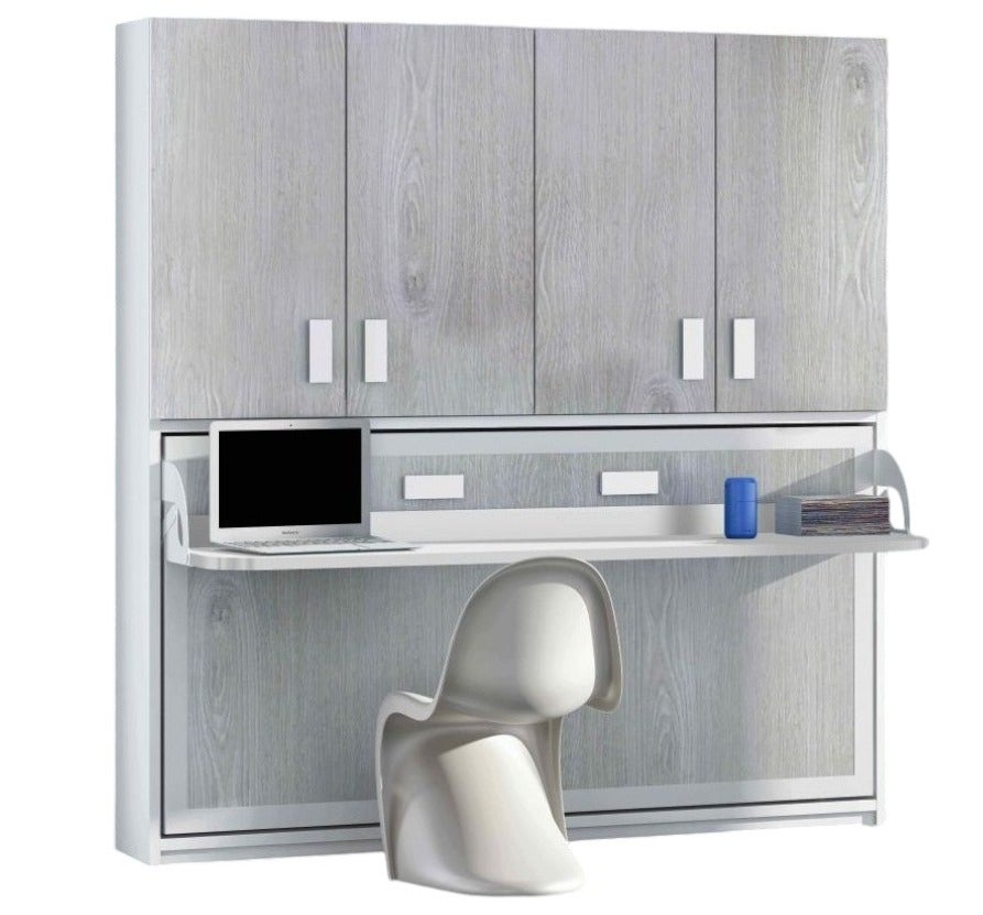 Lit escamotable 90x190 P 34cm chêne gris avec étagères et bureau Miko ...
